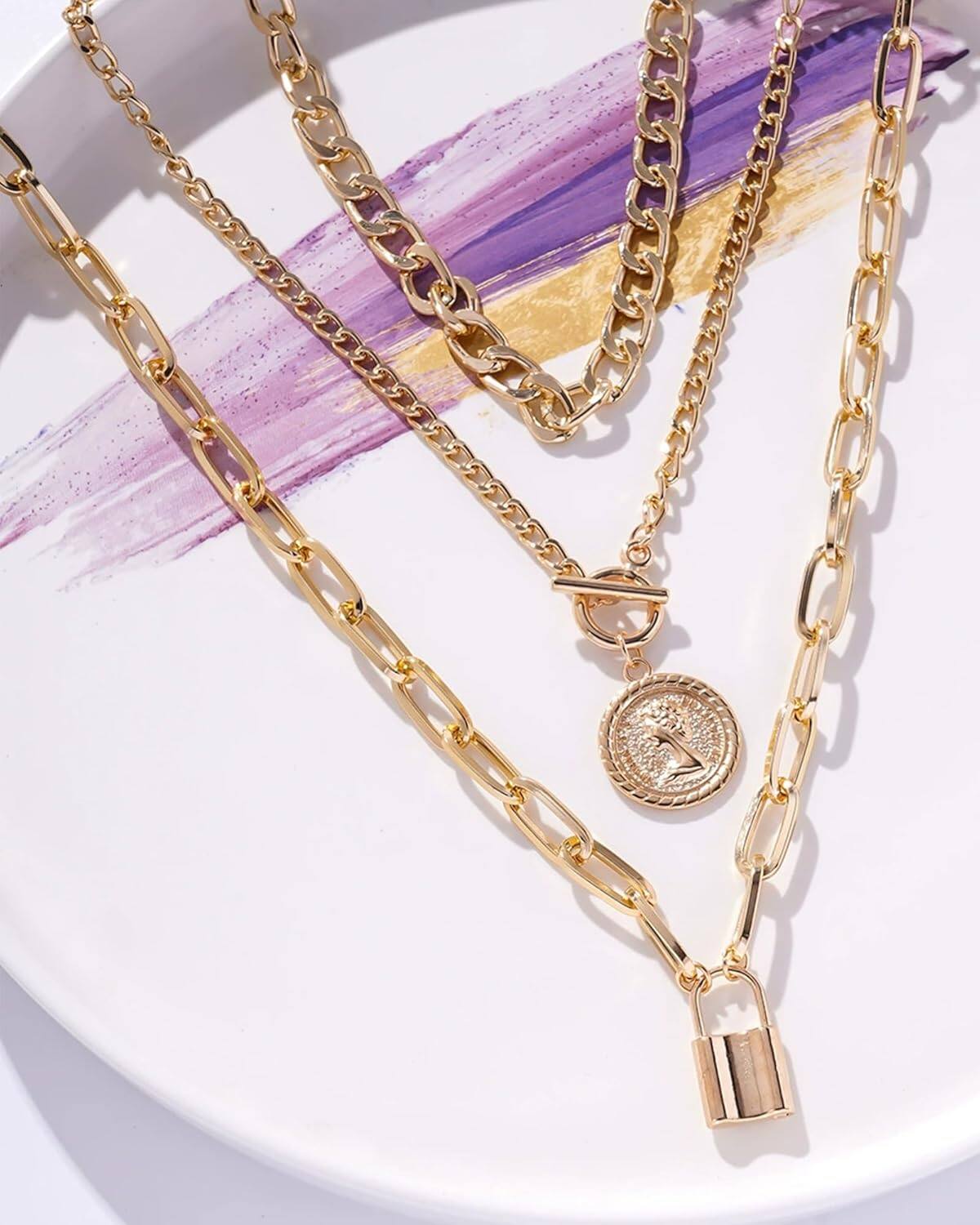 Live At Space 3 Piece Chunky Gold Layered Chain Set Punk Style Paperclip & Coin Lock Necklace ...