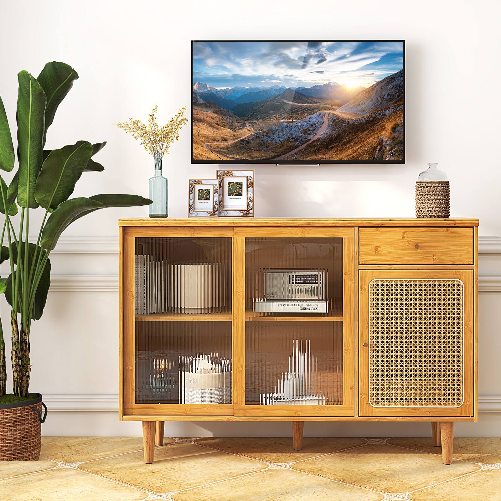 SlickBlue Buffet Sideboard Cabinet with Wicker Design and Tempered ...