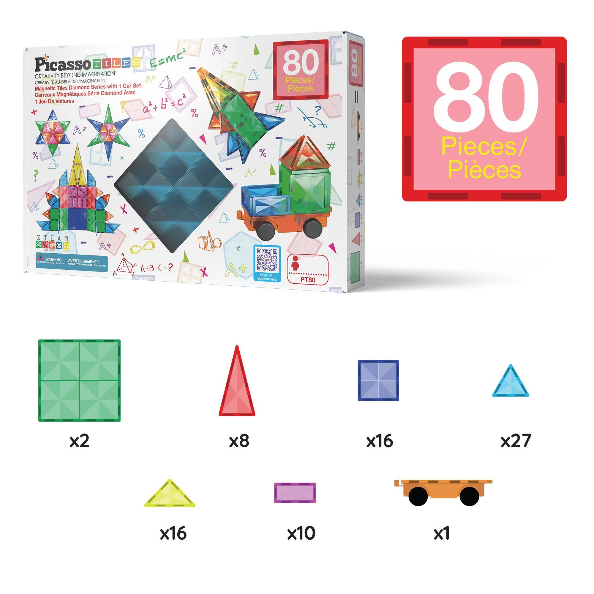 PicassoTiles PICASSO TILES 80PCS Magnetic Tiles Diamond Series for Kids ...