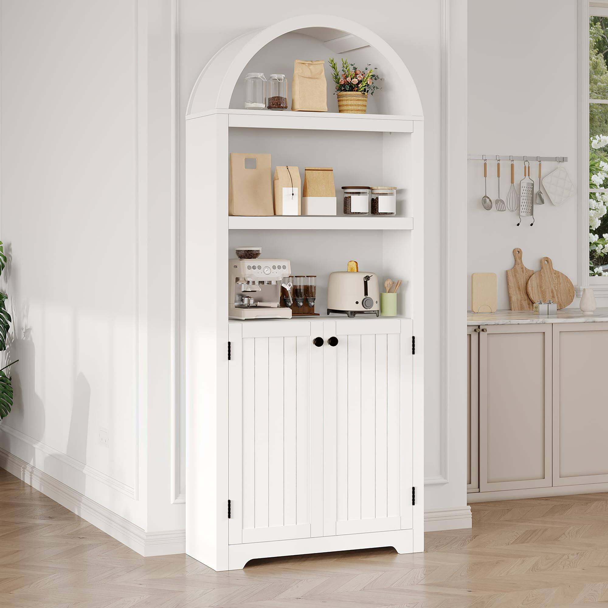 Jojoka 72" Arched Kitchen Pantry Cabinet with Doors, 5 Tier Wooden ...
