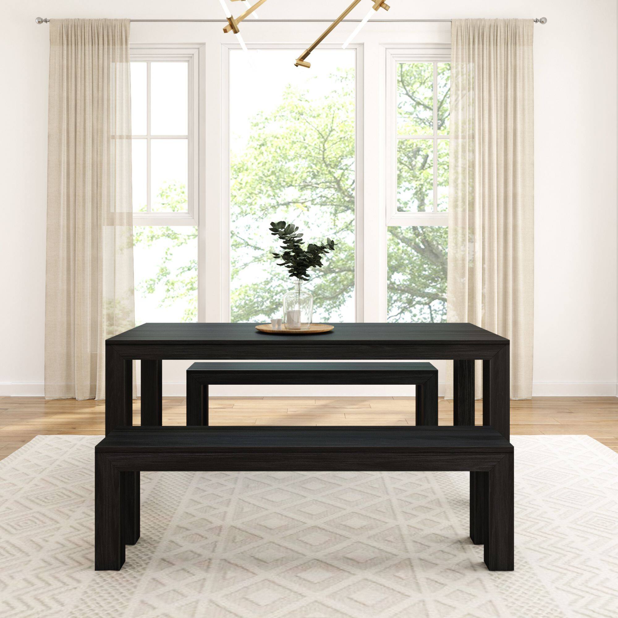 Plank+Beam Modern Solid Wood Dining Table Set with 2 Benches Black ...
