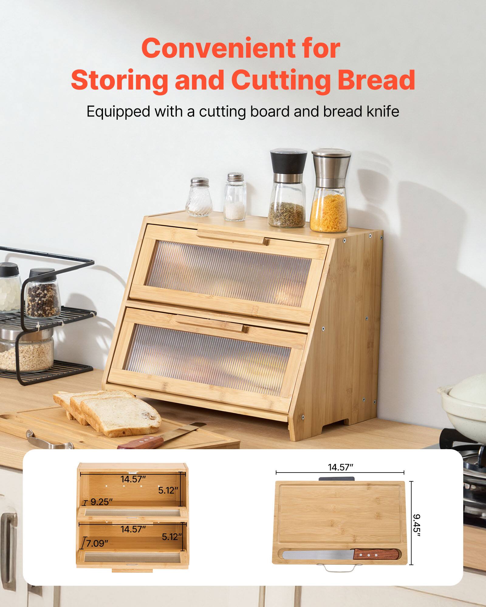 VEVOR Double Layer Bread Box for Kitchen Counter, Large Capacity Bamboo ...