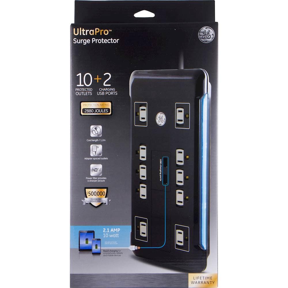 Best Buy: GE UltraPro 10-Outlet/2-USB Surge Protector Black 34462