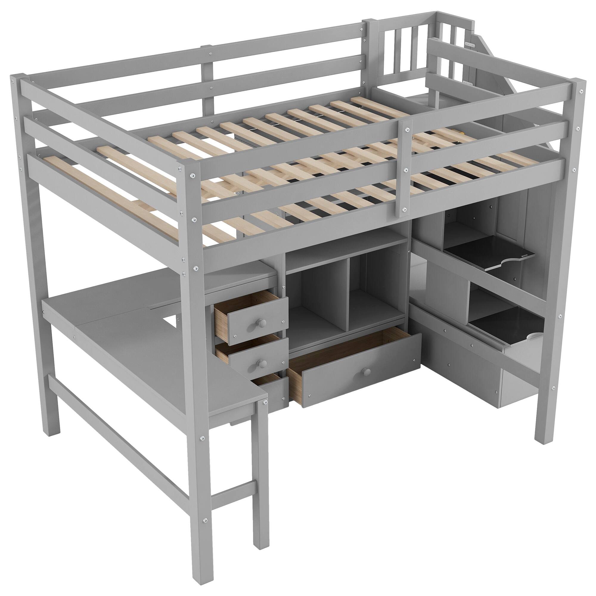 Tiramisubest Full Size Gray Loft Bed with Desk, Drawers, Cabinet ...