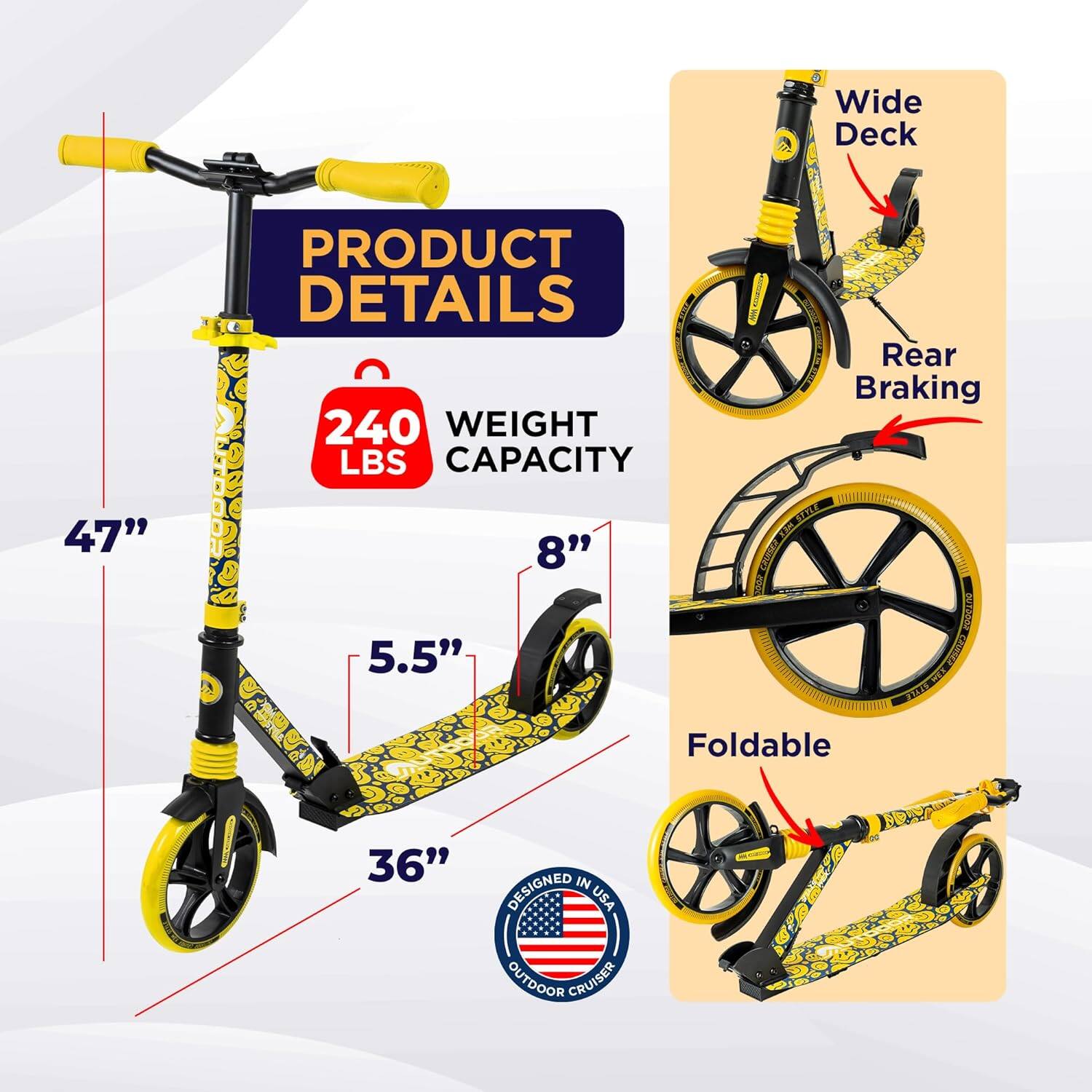 Outdoor Cruiser Kick Scooter – Foldable, 8" Wheels, 3 Level Adjustable ...
