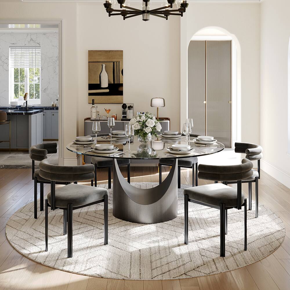 POVISON 59" Round Dining Table Clear Tempered Glass with U shaped Gray ...