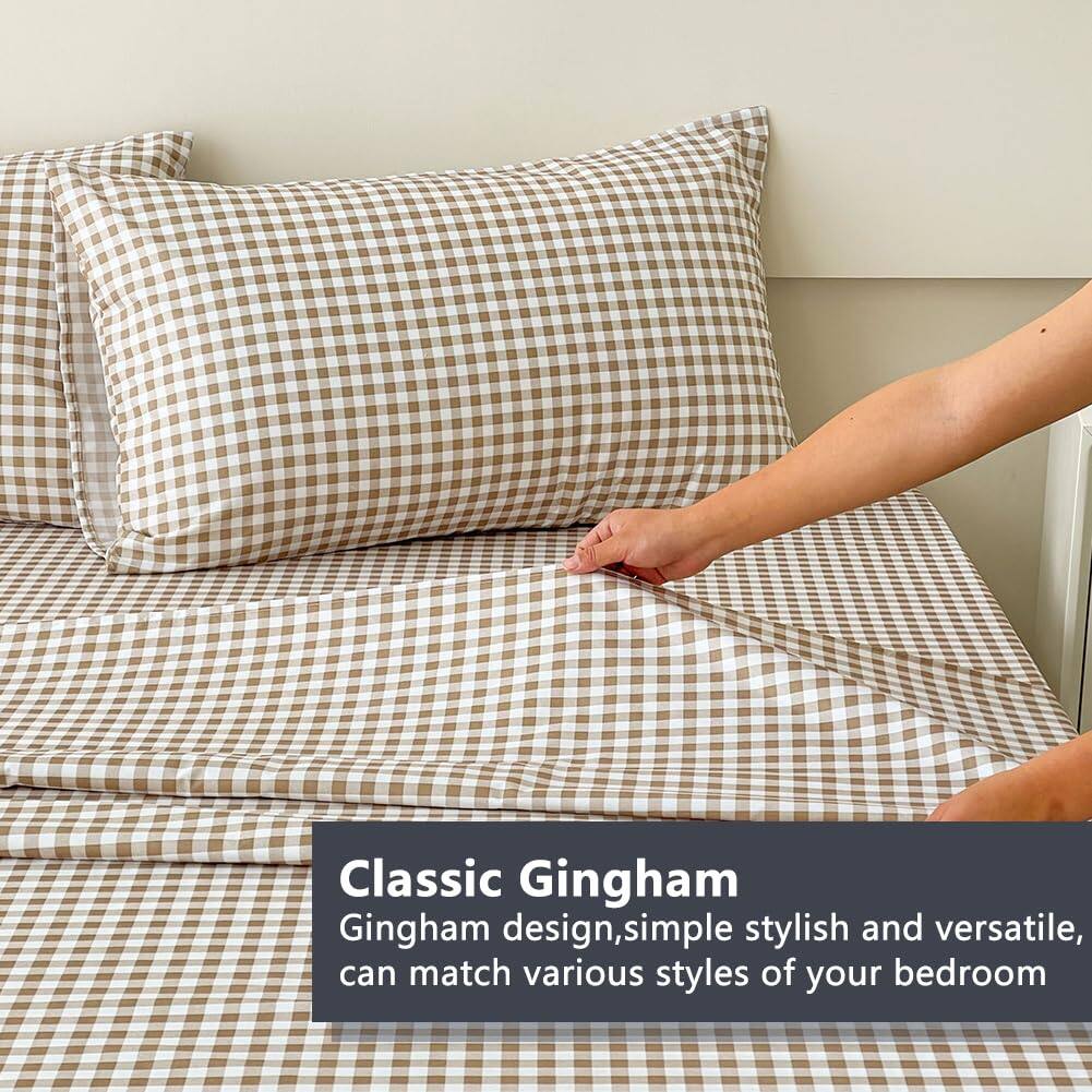 Dapper Styles Tan Gingham Sheet Set Soft Brushed Microfiber Taupe Plaid ...