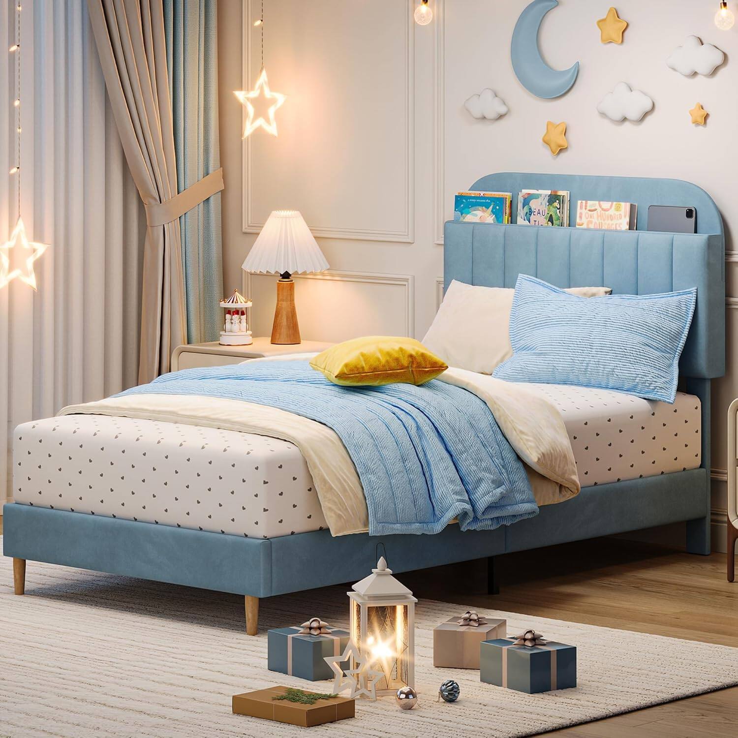 Jojoka Kids Bed Frame, Twin Velvet Platform Bed with Bookcase Headboard ...