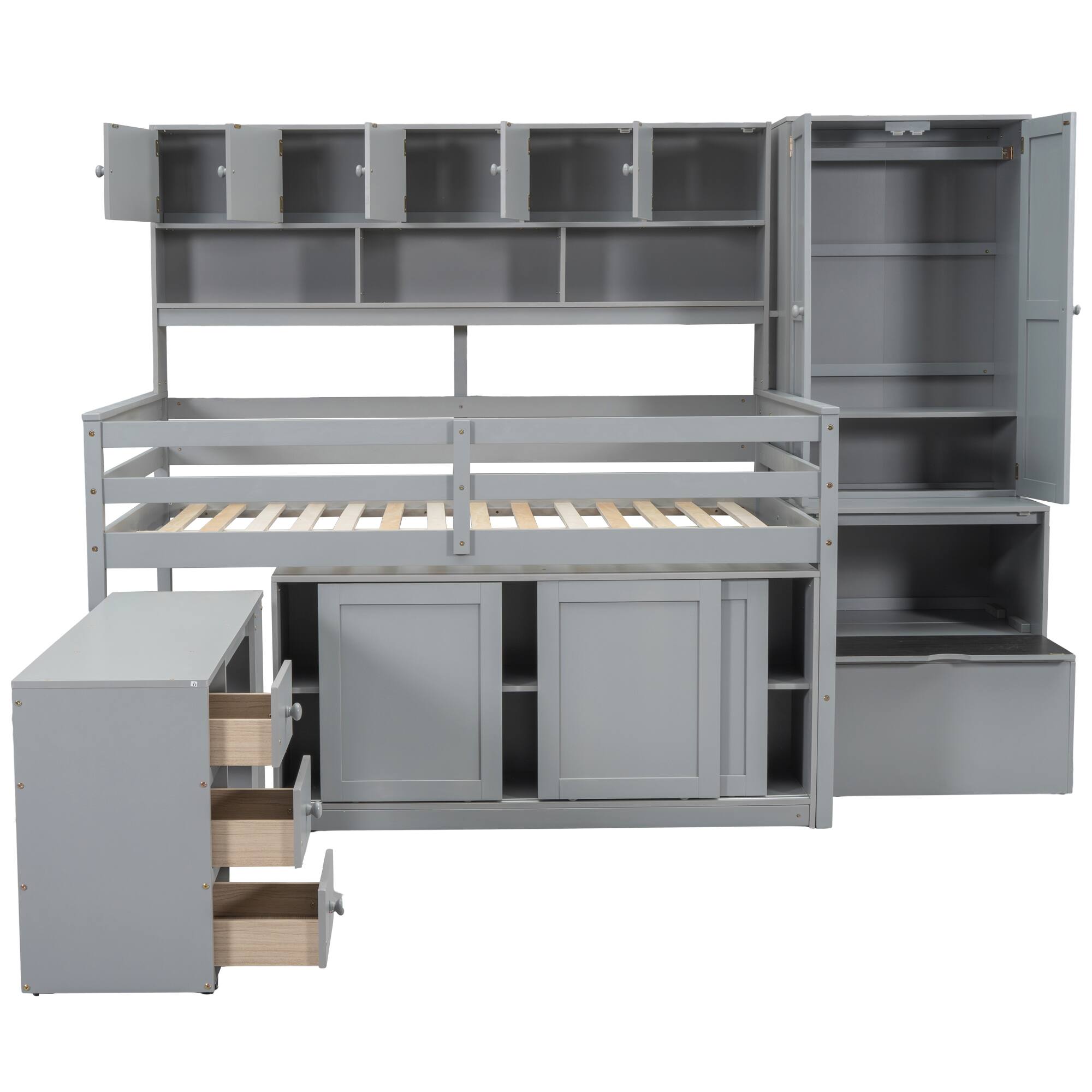 Tiramisubest Full Size Gray Wooden Loft Bed with Storage, Desk, Drawers ...