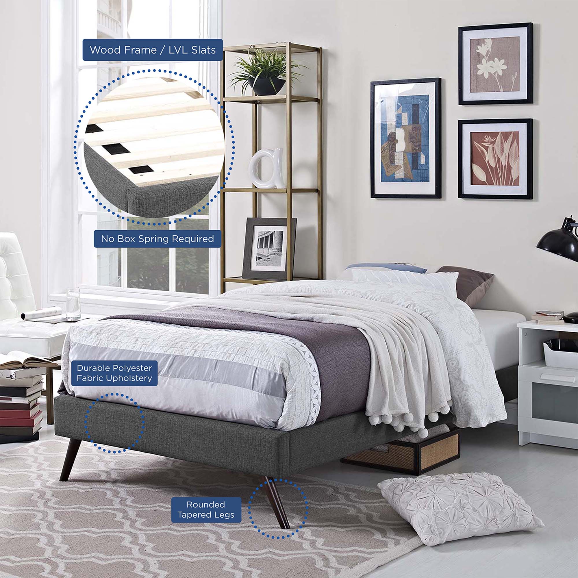Modway Loryn Fabric Queen Bed Frame with Round Splayed Legs Blue MWY ...