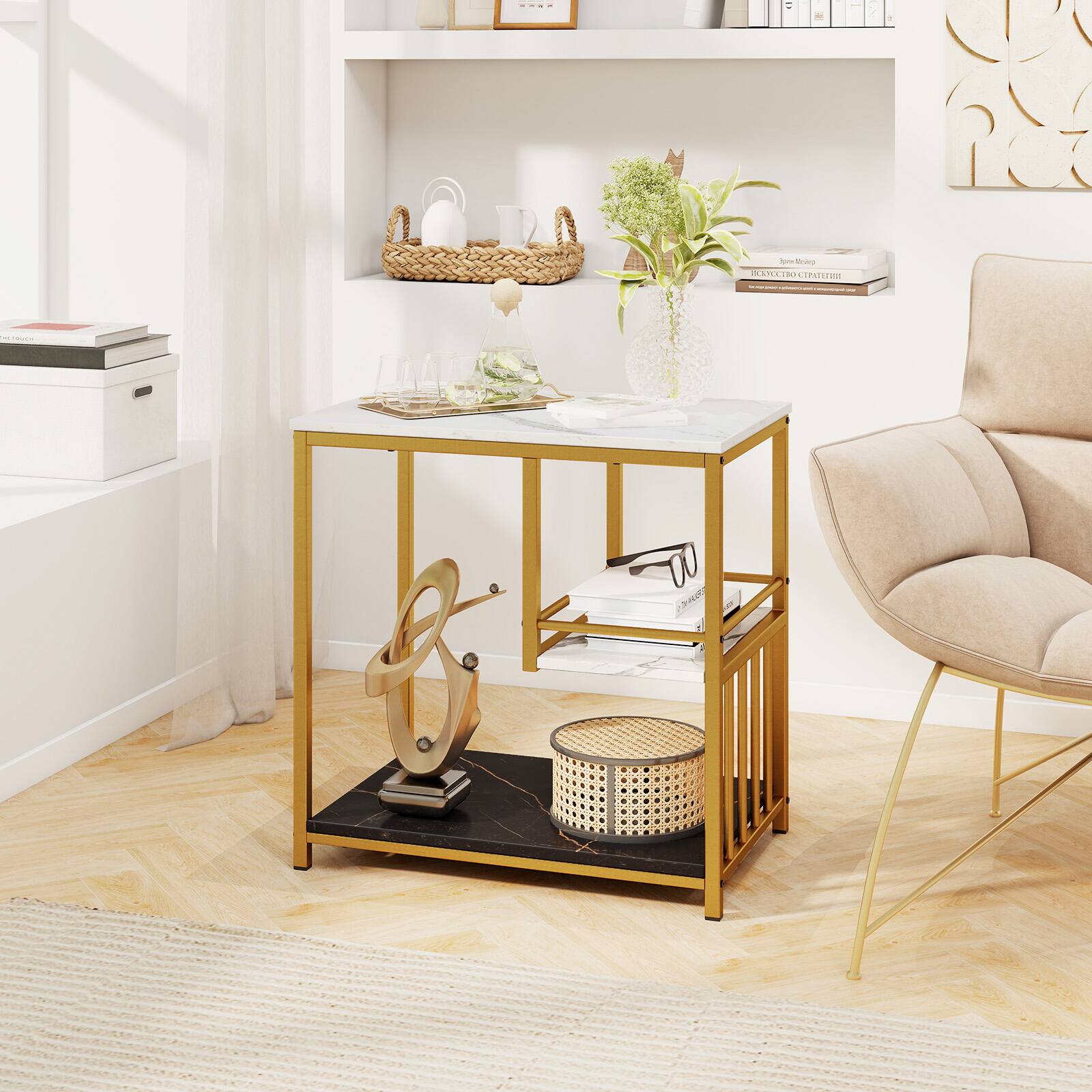 Costway 3 Tier Sofa Side Table with Open Storage Shelf Modern Buffet ...