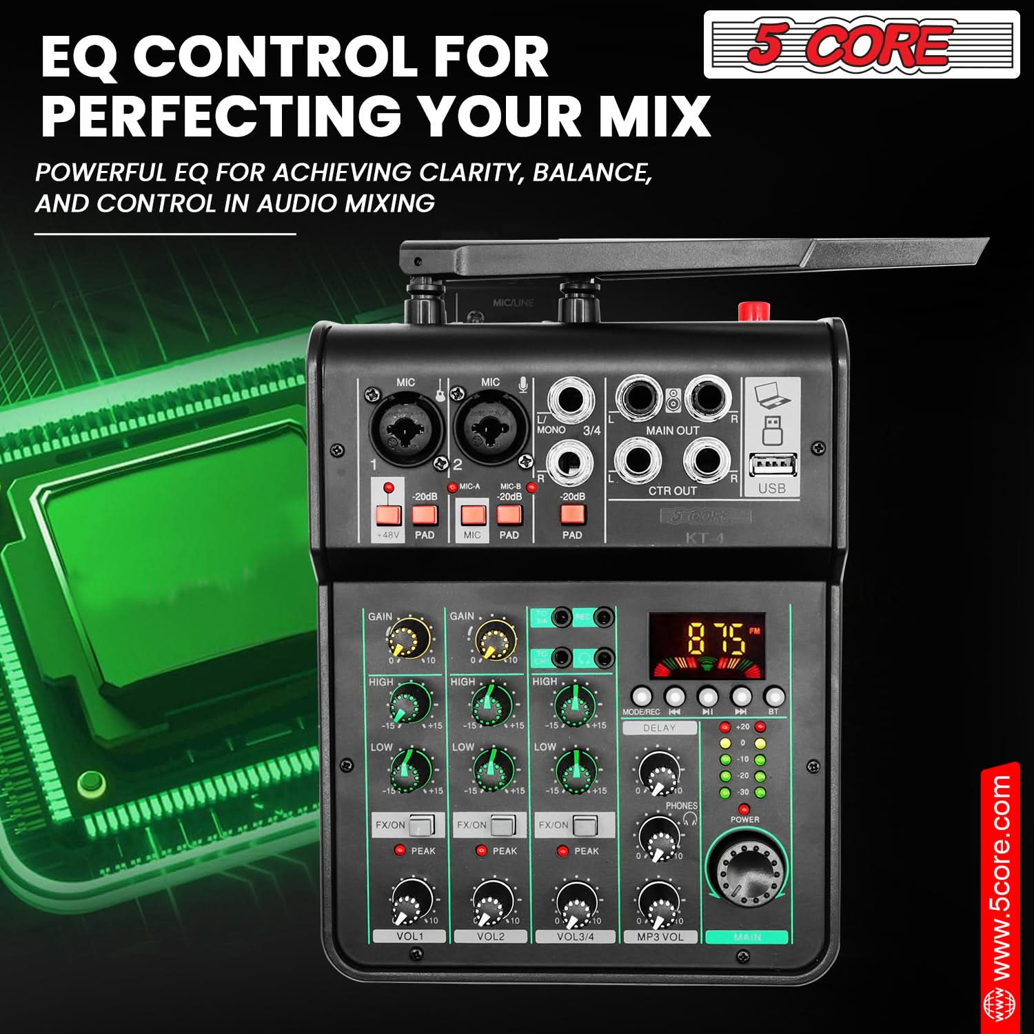 5 CORE Audio Mixer 4 Channel DJ Soundboard USB Interface Bluetooth ...