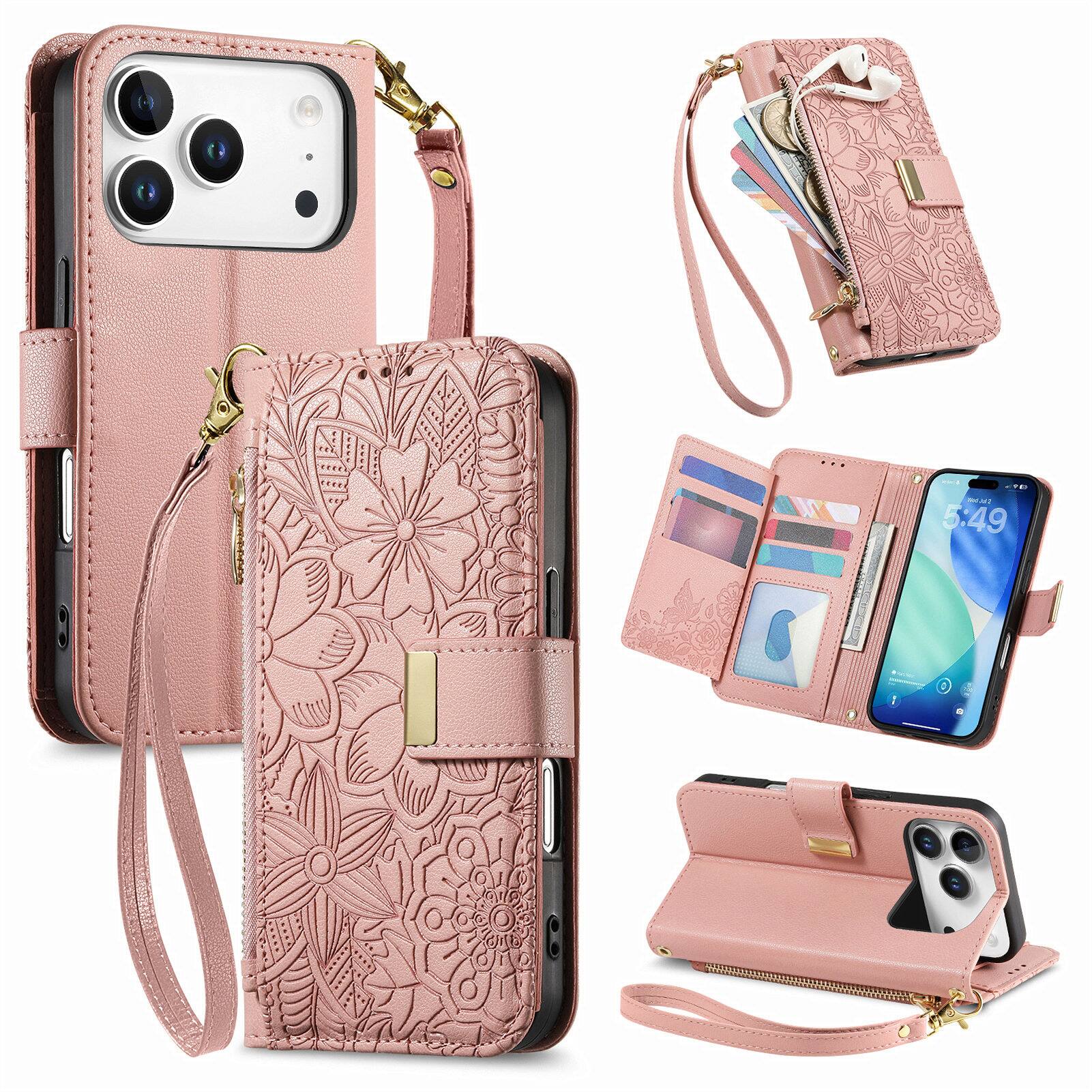 Dteck Floral Embossed Leather Zipper Cash Slot Wallet Case for Apple ...