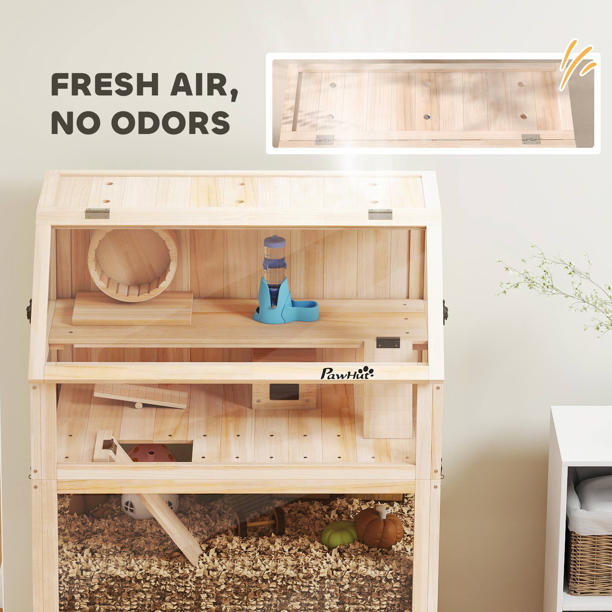 Pawhut Wooden Hamster Cage with Detachable Lower Floor, Storage Shelf ...