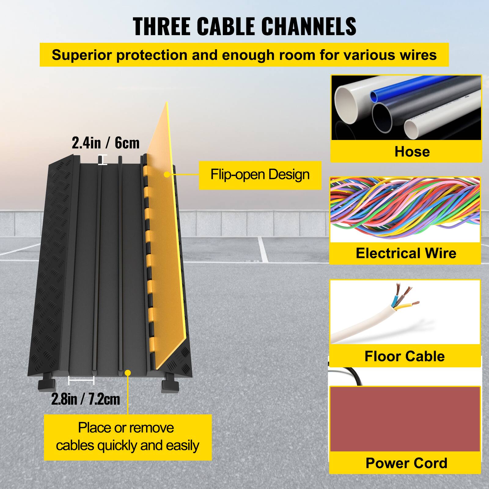 VEVOR Rubber Cable Guard, 3 Channel, 2 x 2.3 in Durable Cord Protection ...