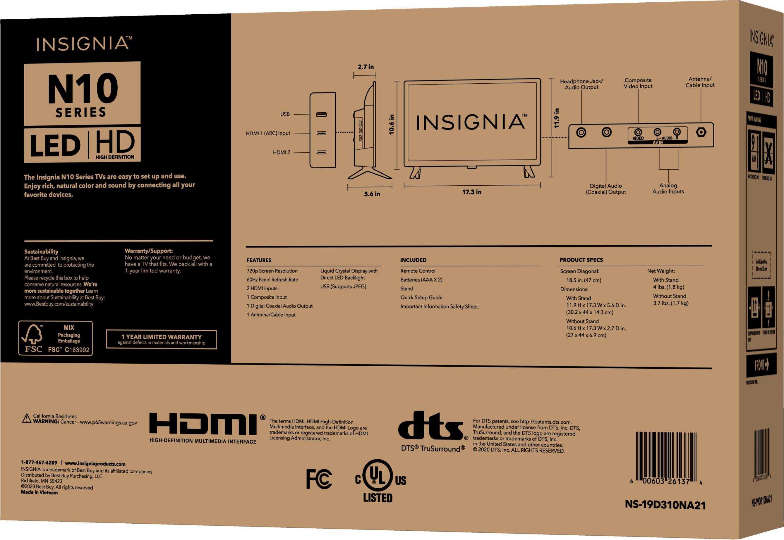 Insignia™ 19" Class N10 Series LED HD TV NS-19D310NA21 - Open Box ...