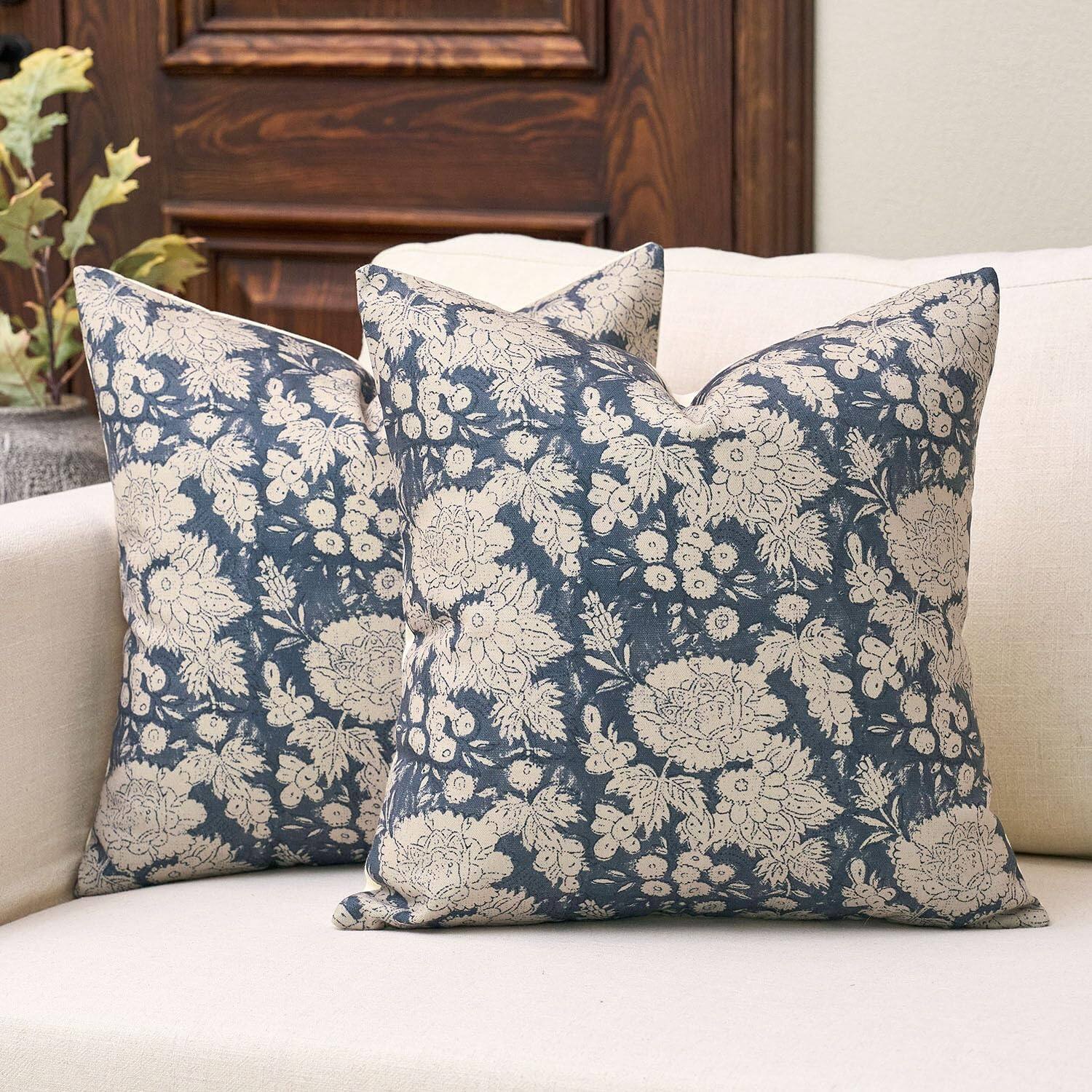 NICHOLAS KLEIN Floral Pillow Covers 18 Vintage Block Print Neutral ...