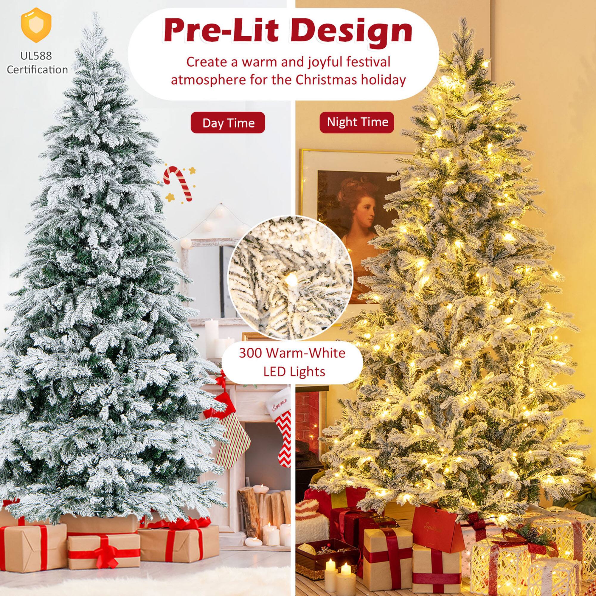 Gymax 7 ft Pre Lit Artificial Christmas Tree Snow Flocked Hinged Xmas ...