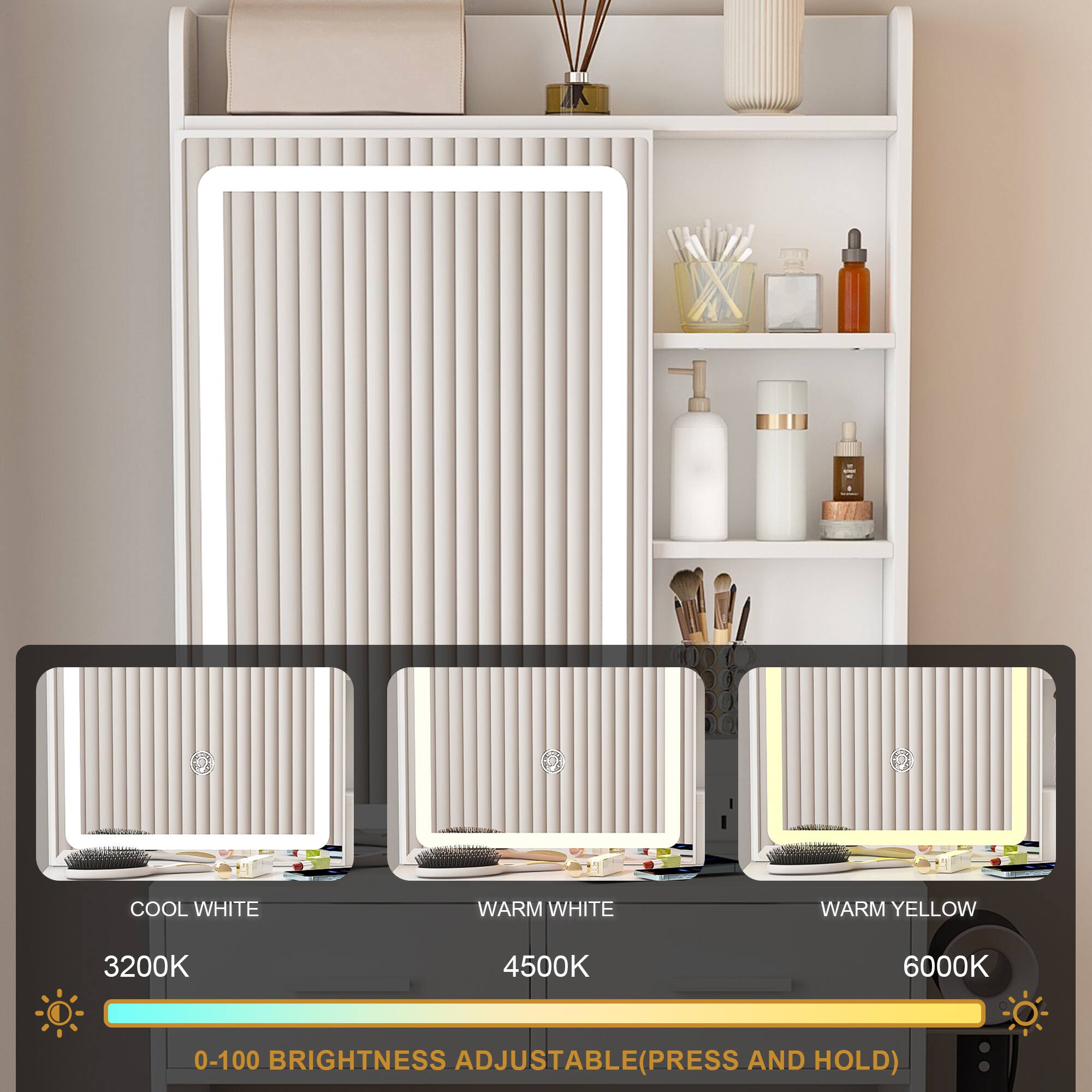 Ecooso Compact Makeup Vanity with Mirror, Adjustable LED Lights, Built ...