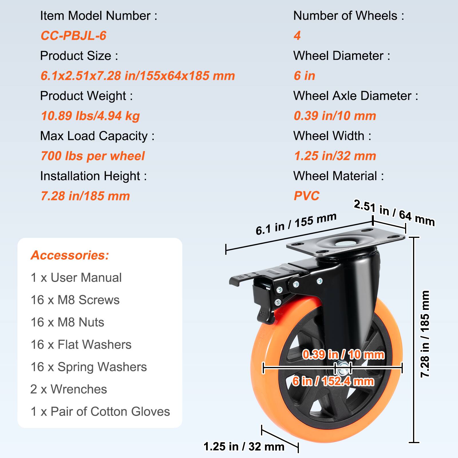VEVOR Caster Wheels, 6 inch Swivel Plate Casters, Set of 4, with ...