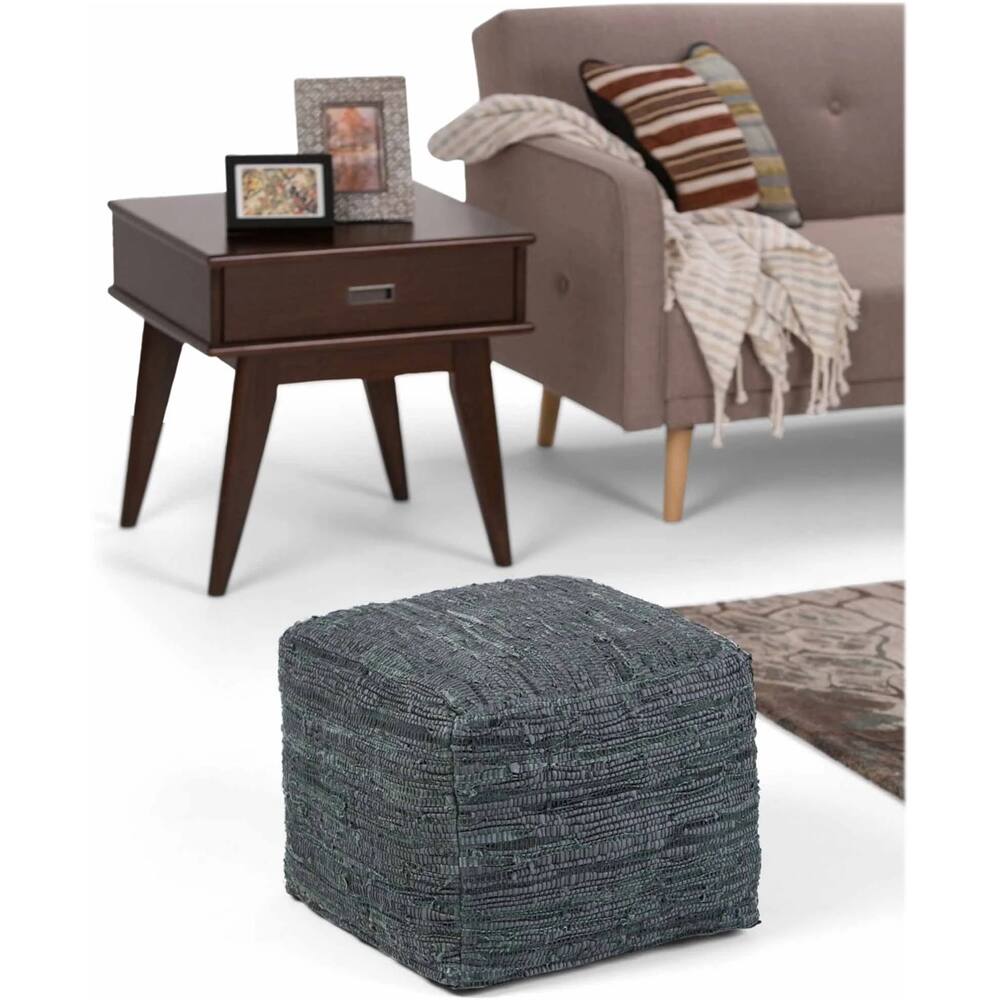Simpli Home Fredrik Square Transitional Cotton/Woven Leather Pouf Gray AXCPF-19-GR - Open Box ...