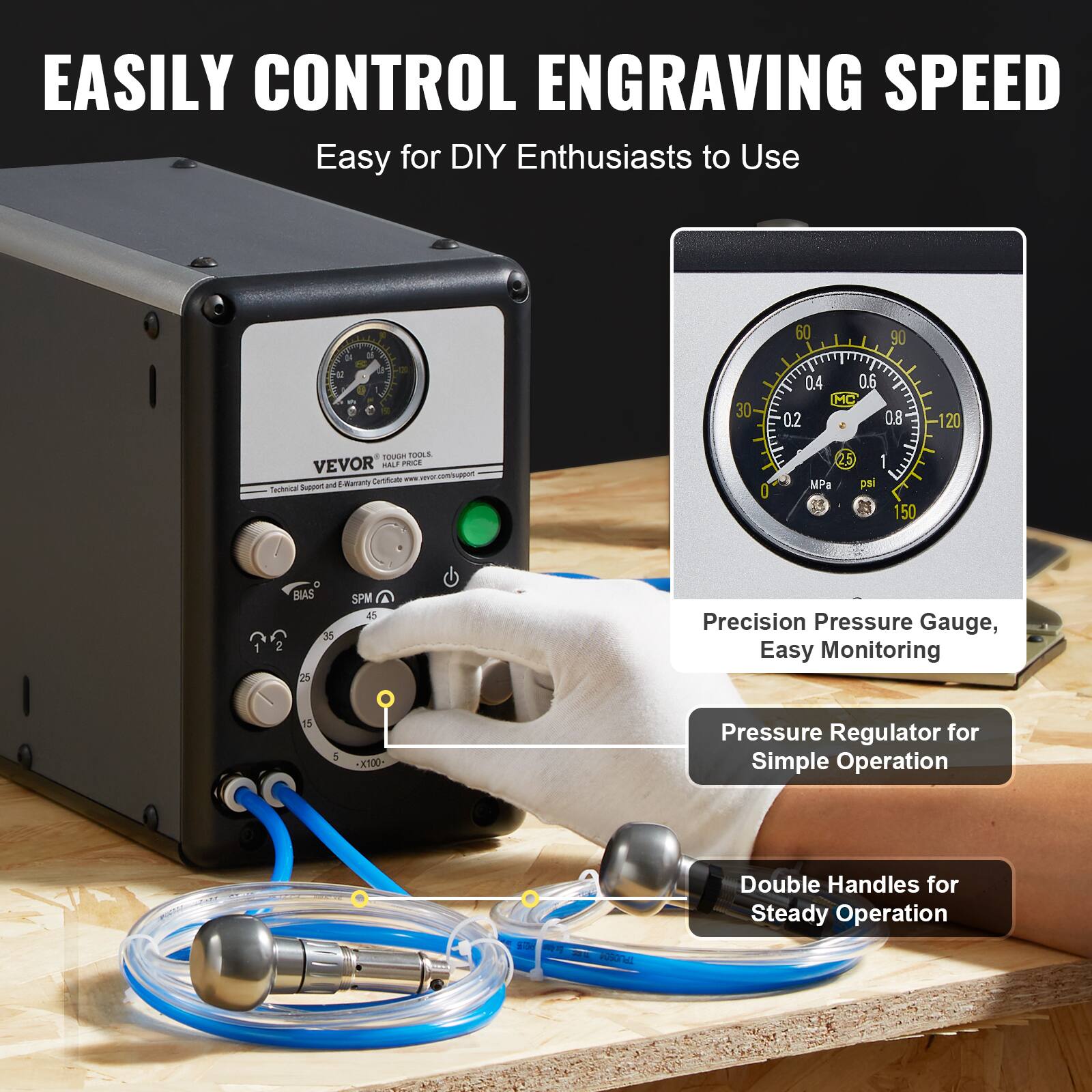 VEVOR Pneumatic Jewelry Engraver, 1200 6000 RPM Adjustable, 60W Dual Head Pneumatic Engraving ...