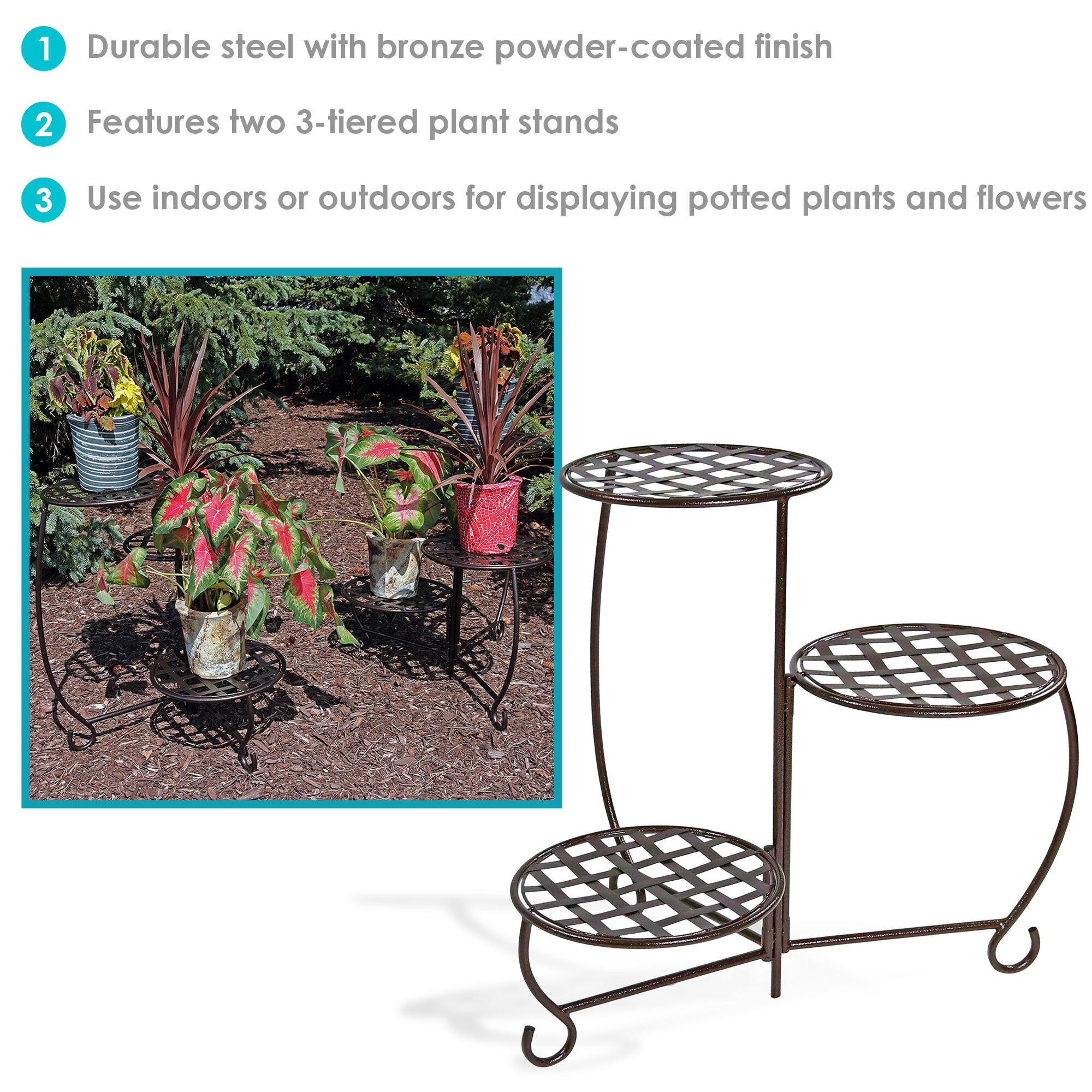 Sunnydaze 3 Tier Triple Plant Stand with Checkered Base 24 in Set of 2 ...