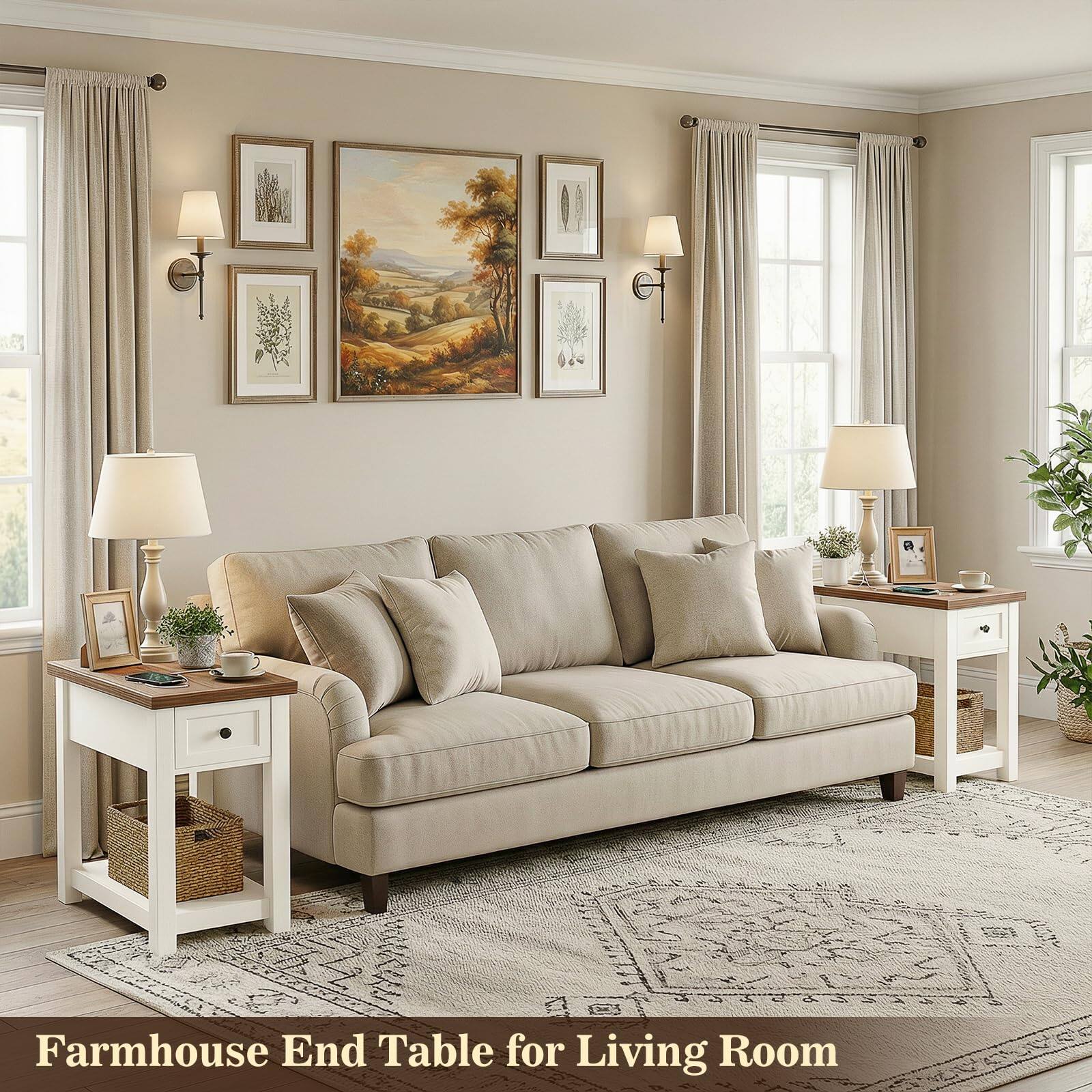 Aheaplus Farmhouse Charging End Table: Narrow Design With Drawer, USB ...