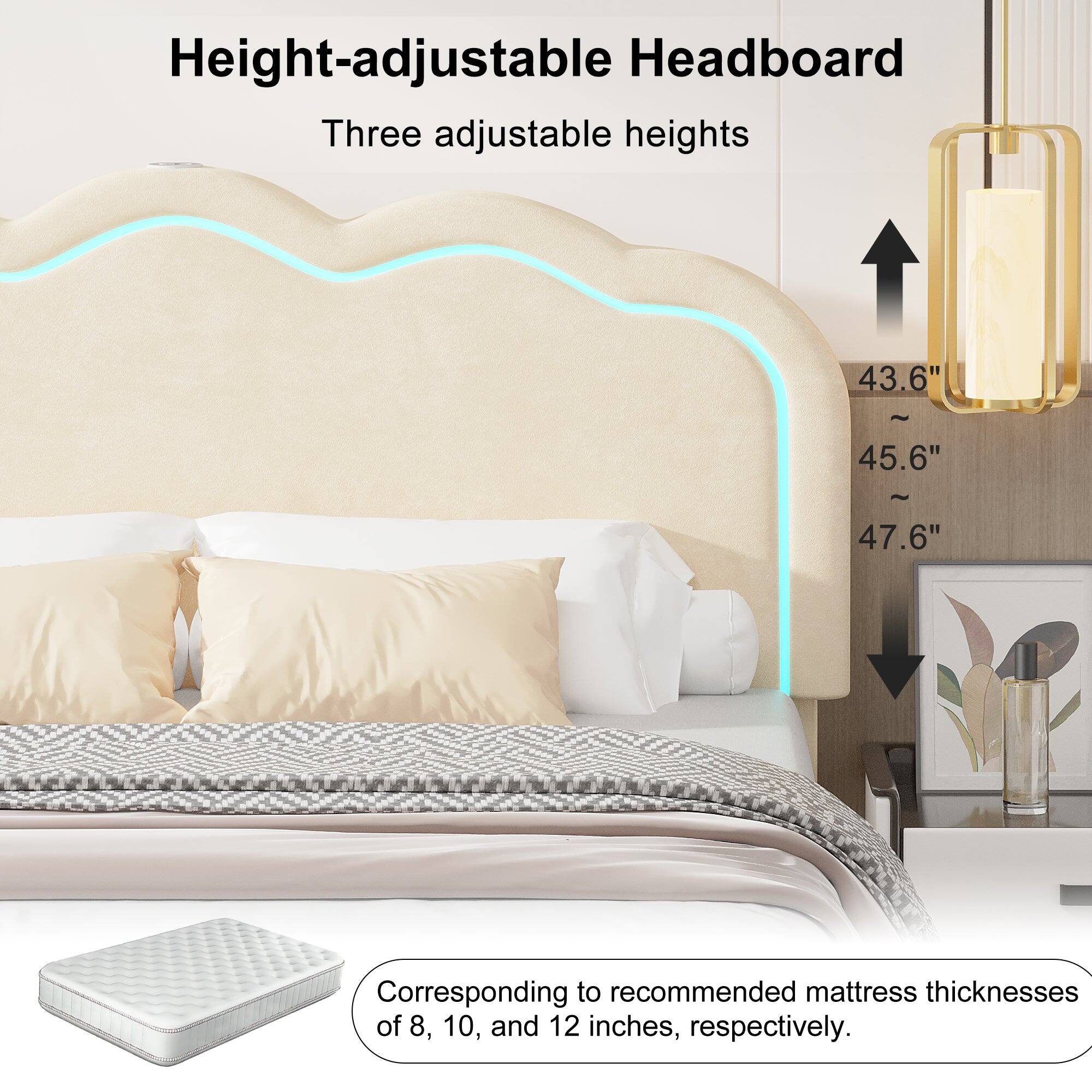 Vecelo Queen LED Bed Frame with RGB Lighting & Charging Station 800lb ...