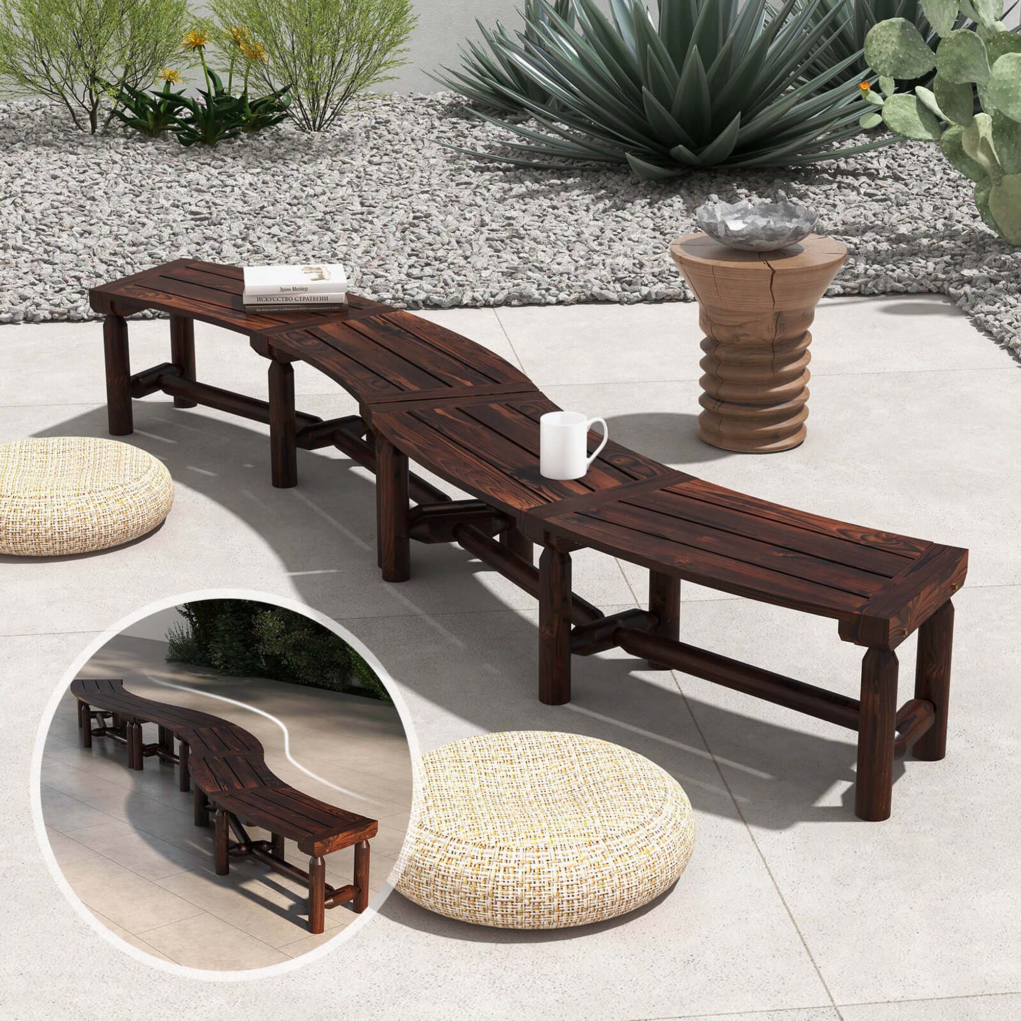 Costway Patio Curved Bench Carbonized Wood Dining Bench for Round Table ...