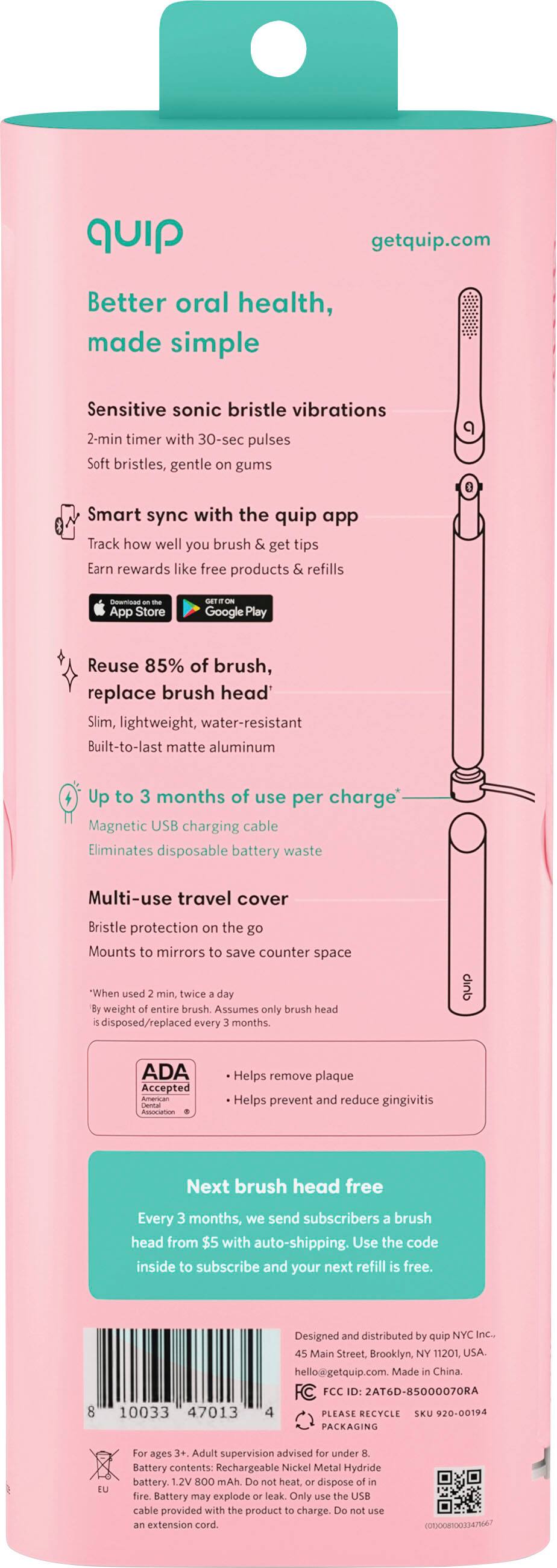 Best Buy: Quip Smart, Rechargeable Toothbrush All-Pink 920-00194