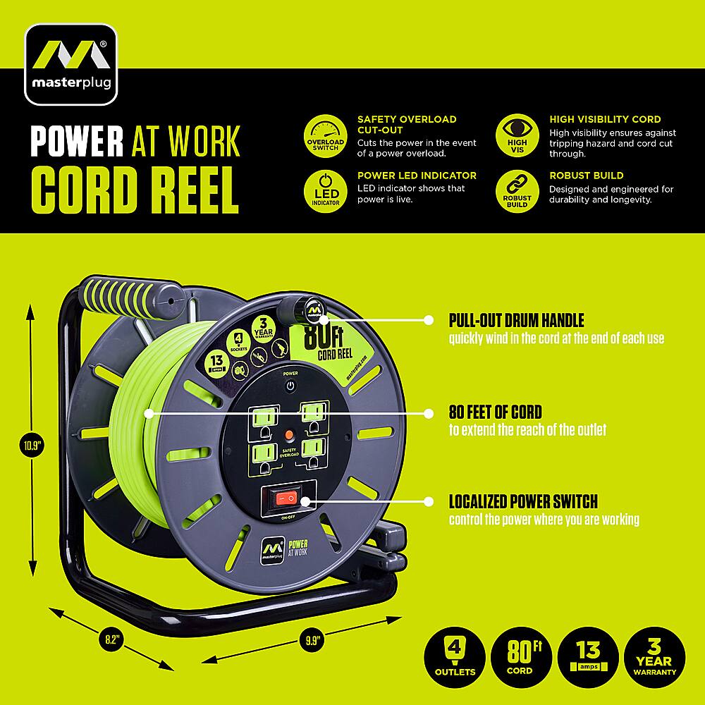 Best Buy: Masterplug 80Ft 4 Sockets 13A 14AWG Large Open Cable Reel ...