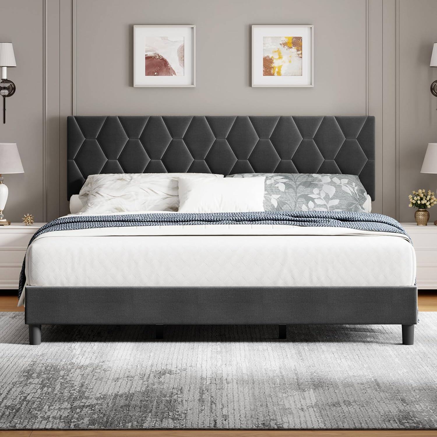 Jojoka Full Size Upholstered Bed Frame with Headboard, Diamond Pattern ...