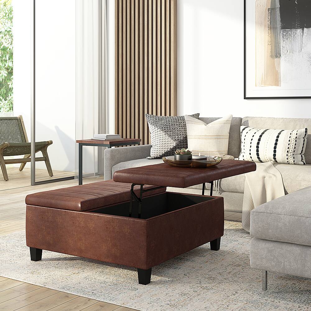 Simpli Home Ellis Coffee Table Storage Ottoman Distressed Saddle Brown ...