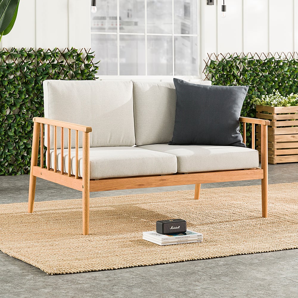Walker Edison Modern Solid Wood Spindle-Style Outdoor Loveseat Natural ...
