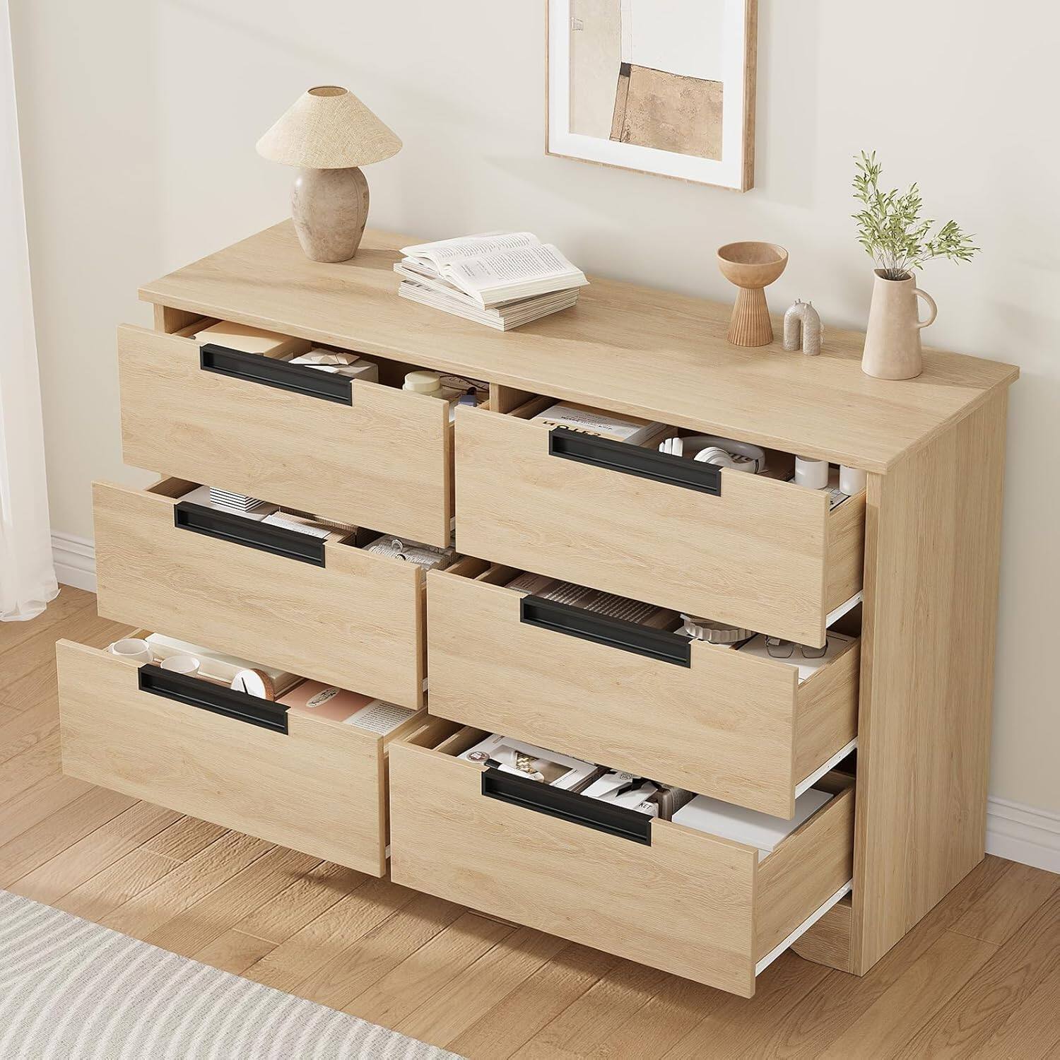 Qeetex - 6 Drawer Dresser for Bedroom, Natural Modern Double Dresser ...