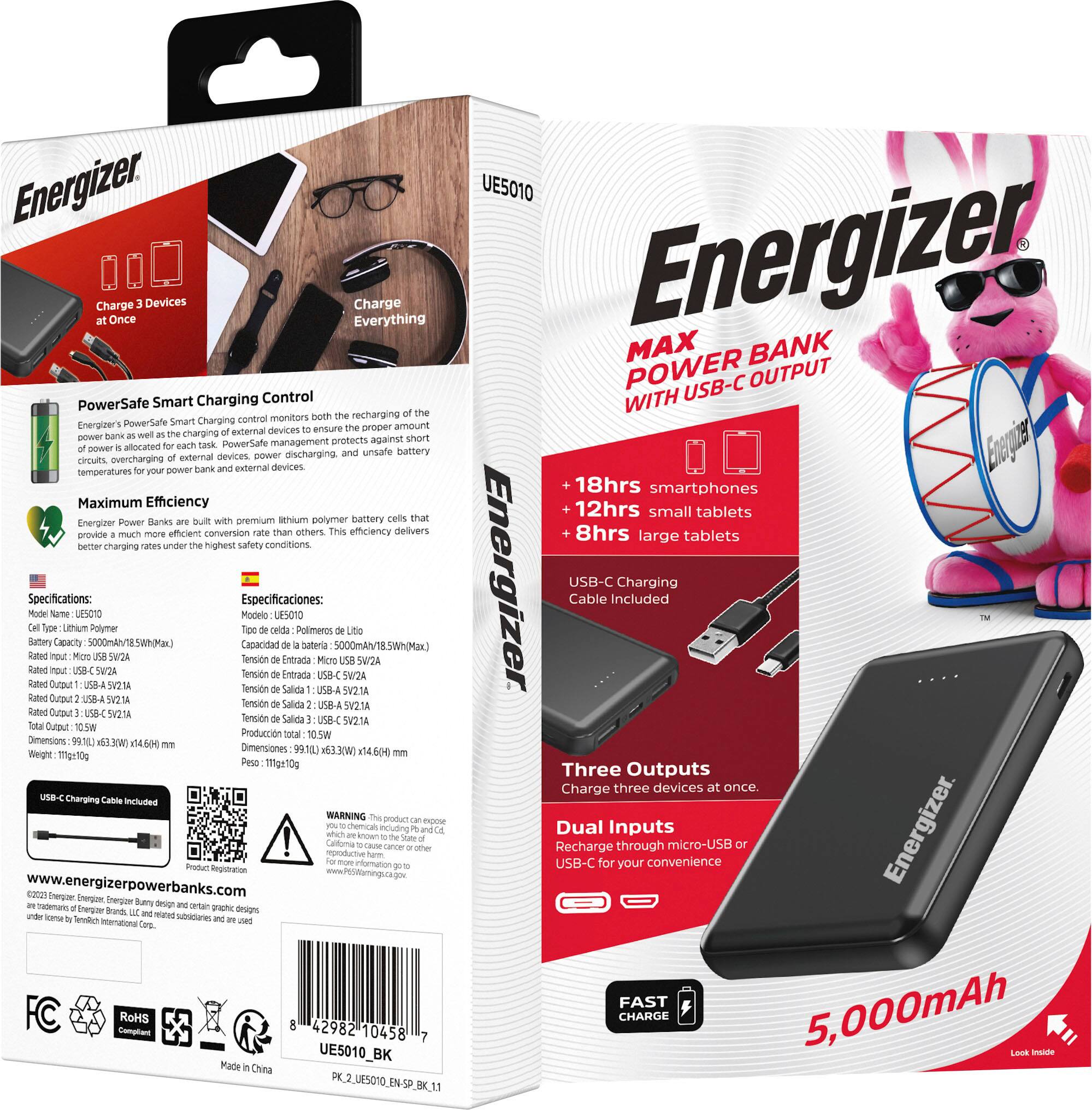 Energizer MAX 5,000 mAh Ultra Slim, 3 Port USB C High Speed Universal ...