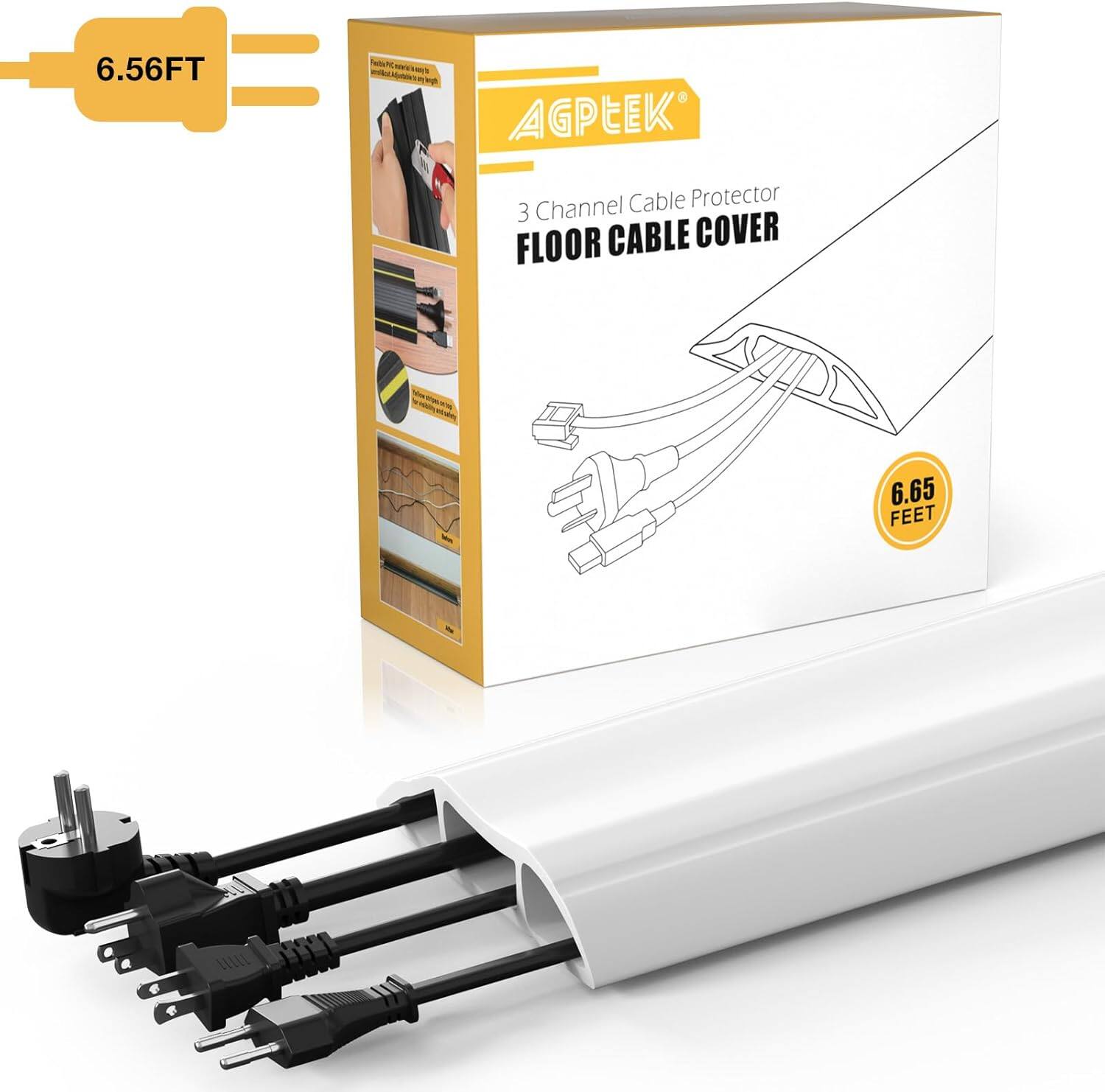 AGPtek 6.5 Ft Floor Cord Protector 3 Channels Contains Cords White 6 ...