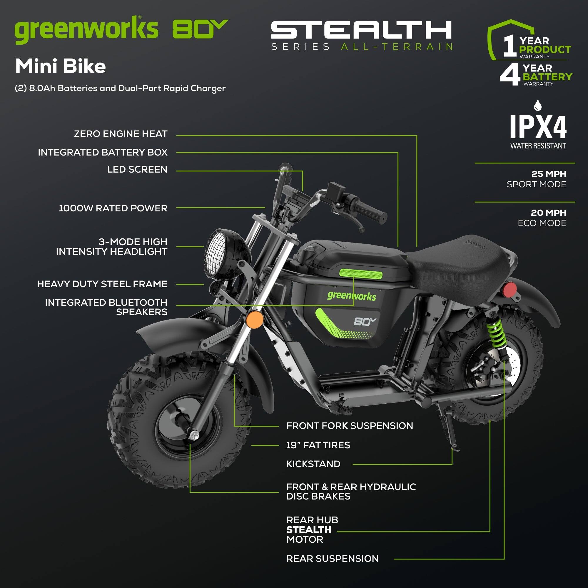 Greenworks 80V Series Mini Bike w/27mi Max Op. Range & 25MPH Max Speed & 2x 8.0Ah Batteries ...