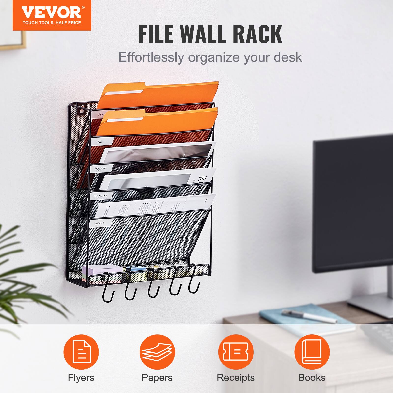 VEVOR File Wall Rack, One Piece 6 Pockets Mesh Wall File Holder, Wall ...
