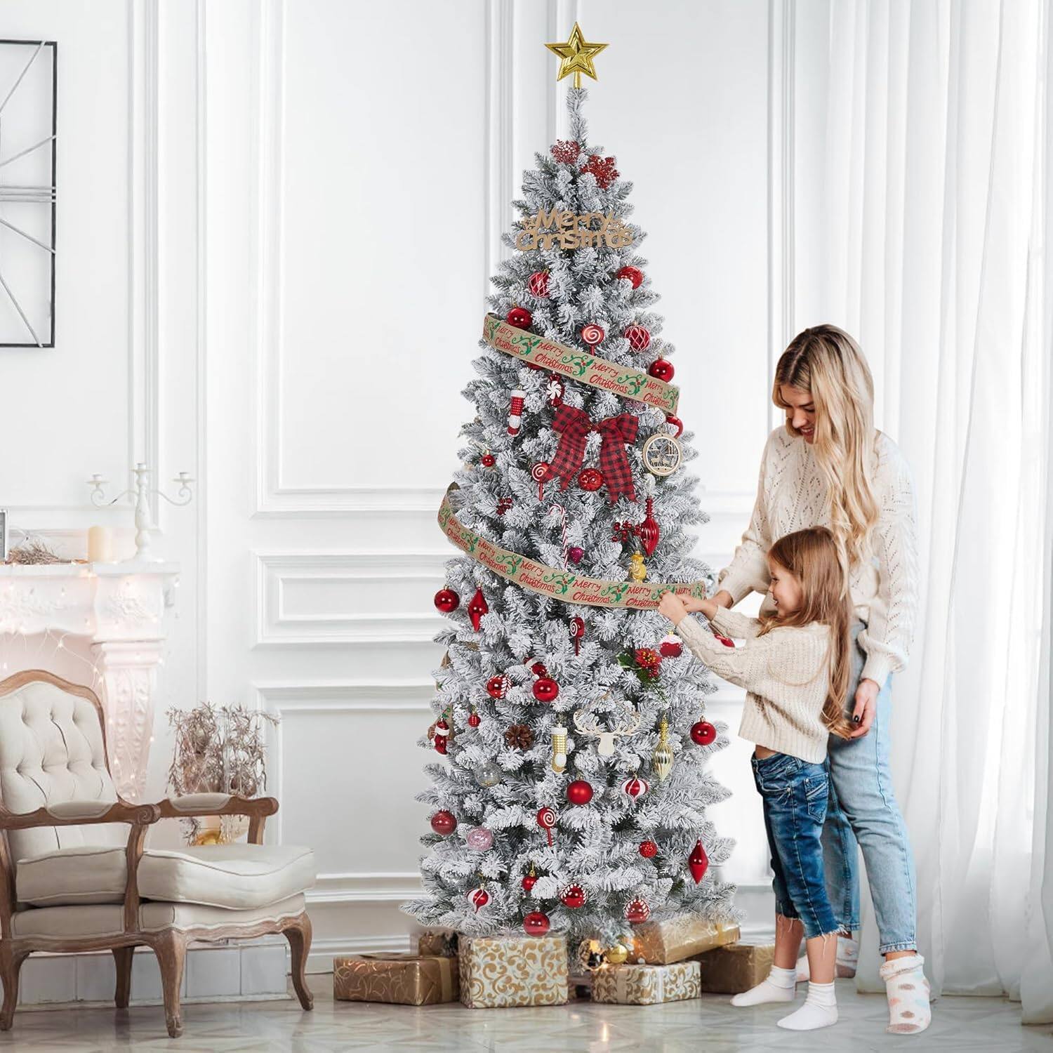 GARVEE 6ft Pencil Artificial Christmas Tree with LED Lights, Mixed PVC ...