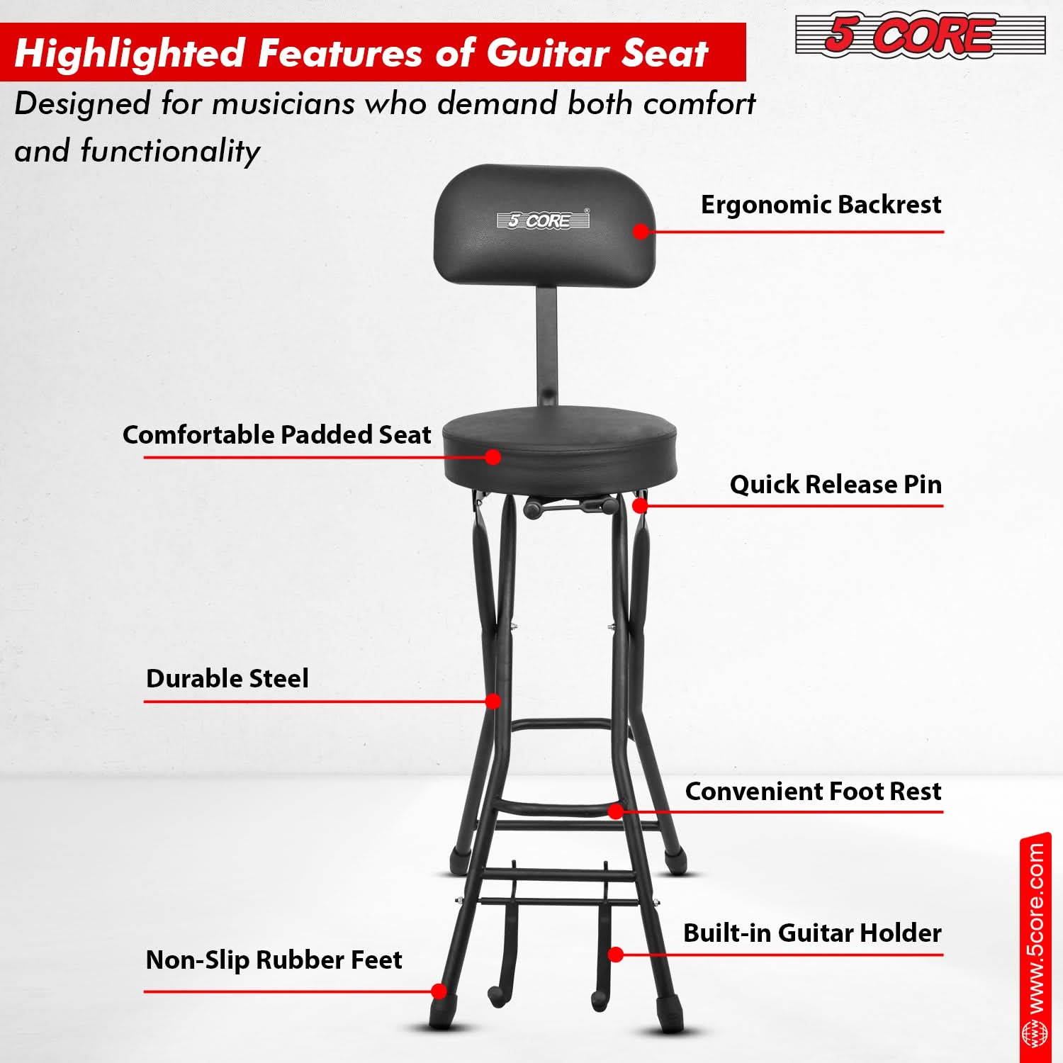 5 CORE Guitar Stool Adjustable Backrest Piano Chair 3.15" Padded Seat ...
