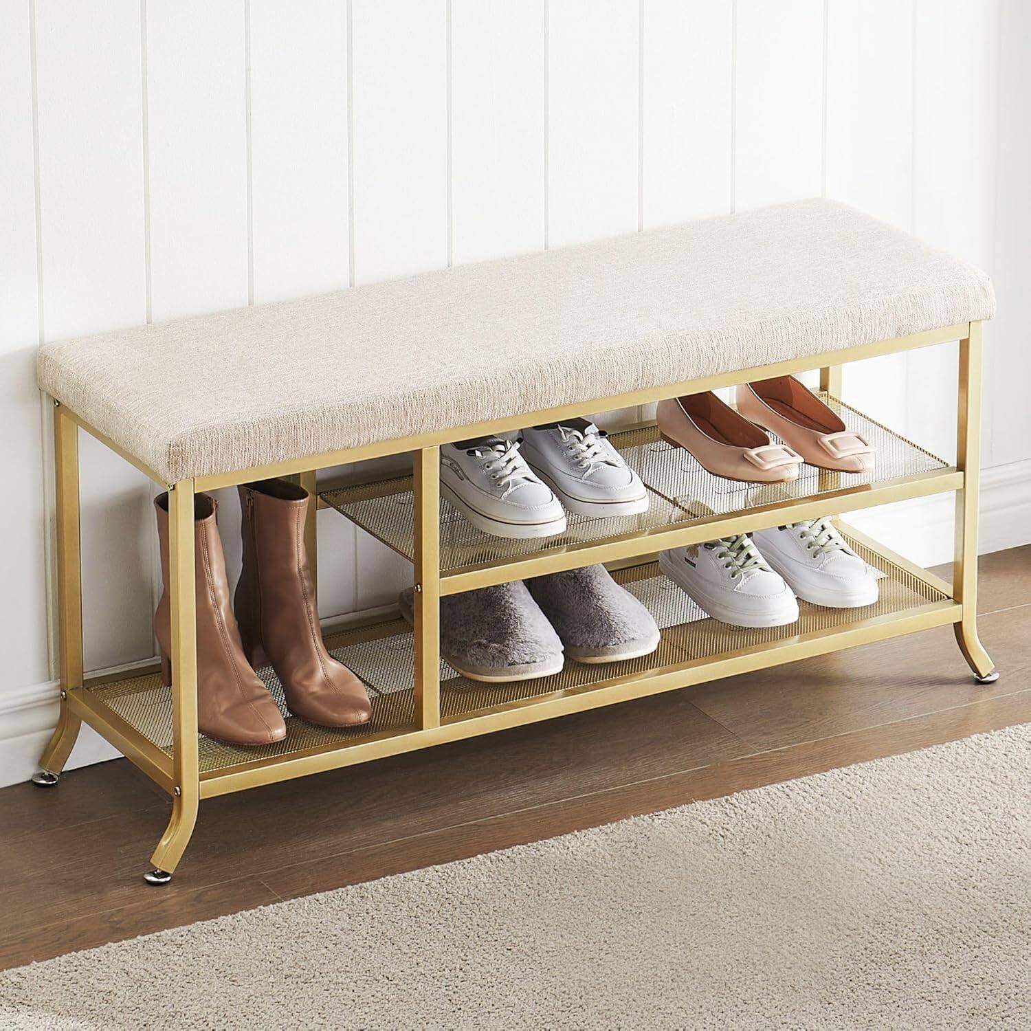 Acekool 2 Tier Shoe Rack Bench with Padded Seat, Metal Mesh Storage ...