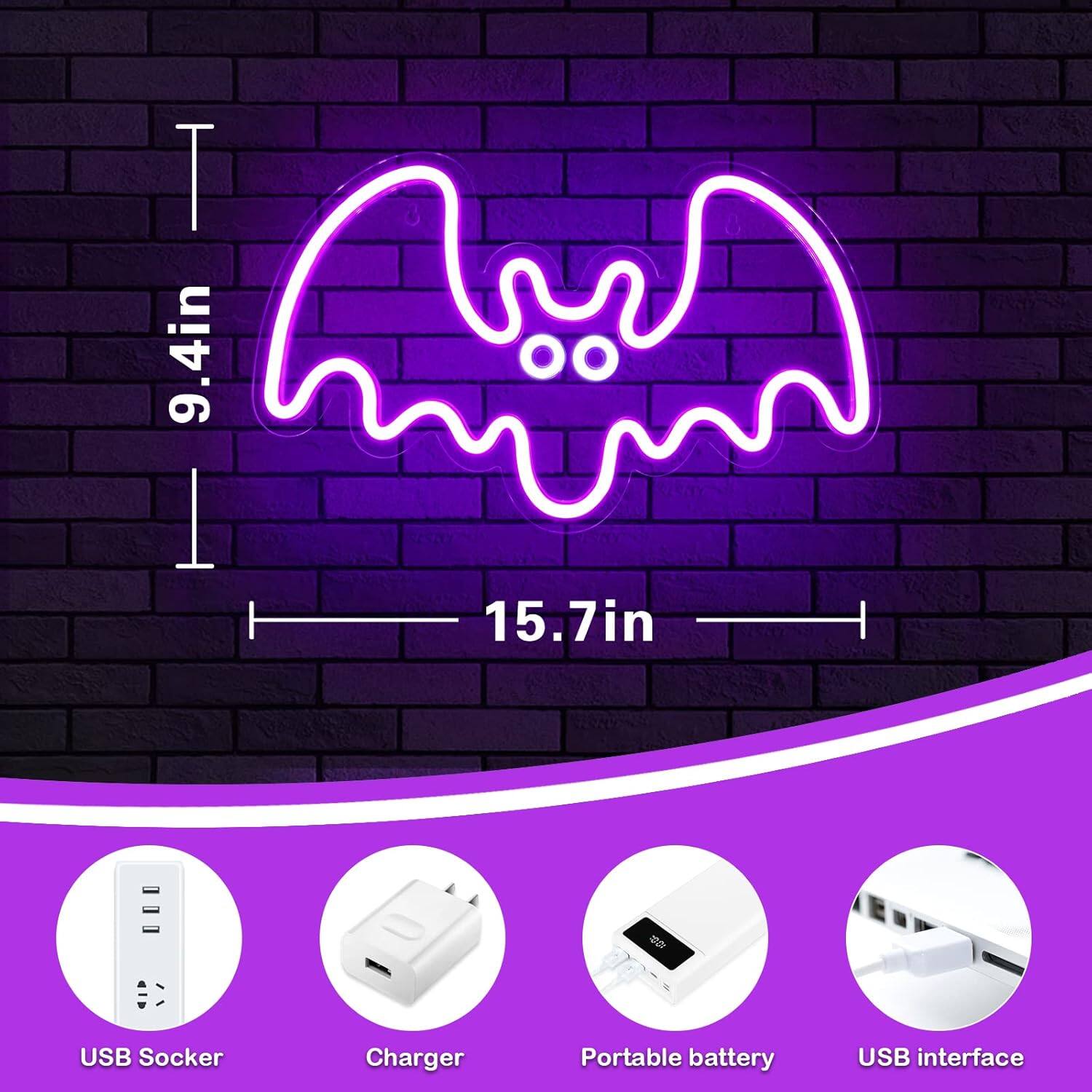 Auledio Bat LED Neon Sign with Dimmer 15.7x9.4 inches, USB Powered ...