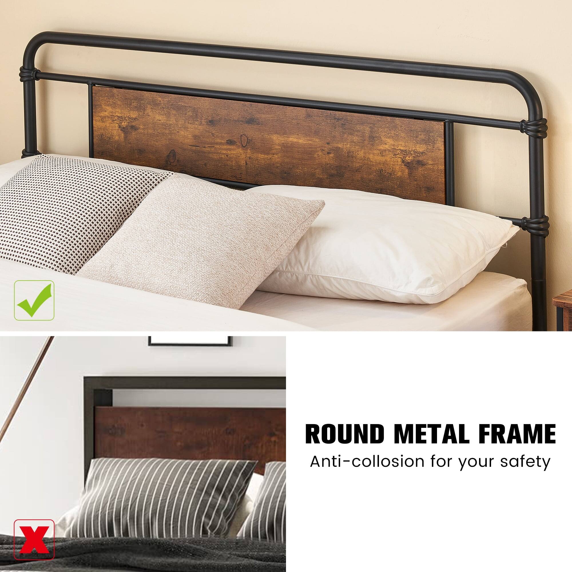 GARVEE Queen MDF Metal Bed Vintage Finish Curved Frame Wood Slats No ...