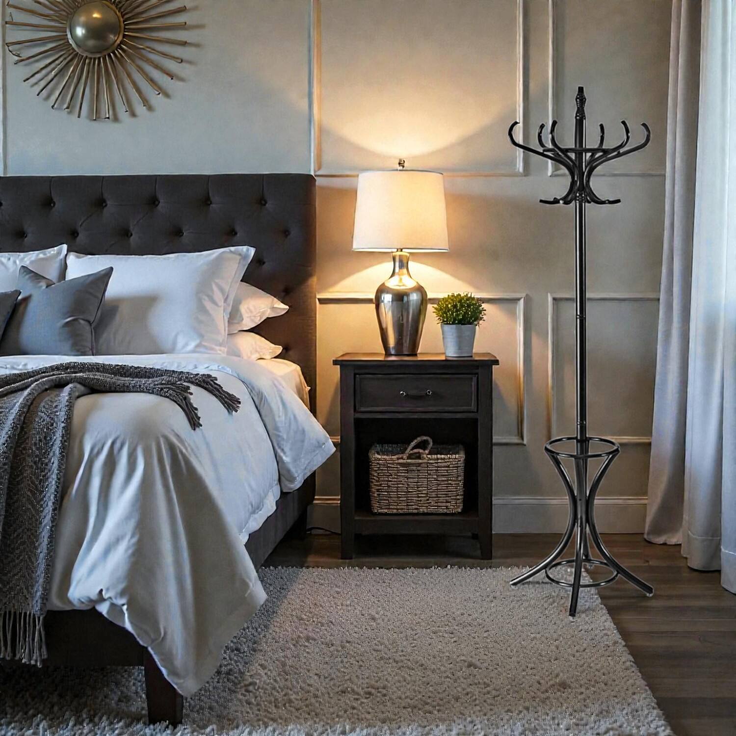 Hivvago Wooden Coat & Hat Stand with Integrated Umbrella Base and 12 ...