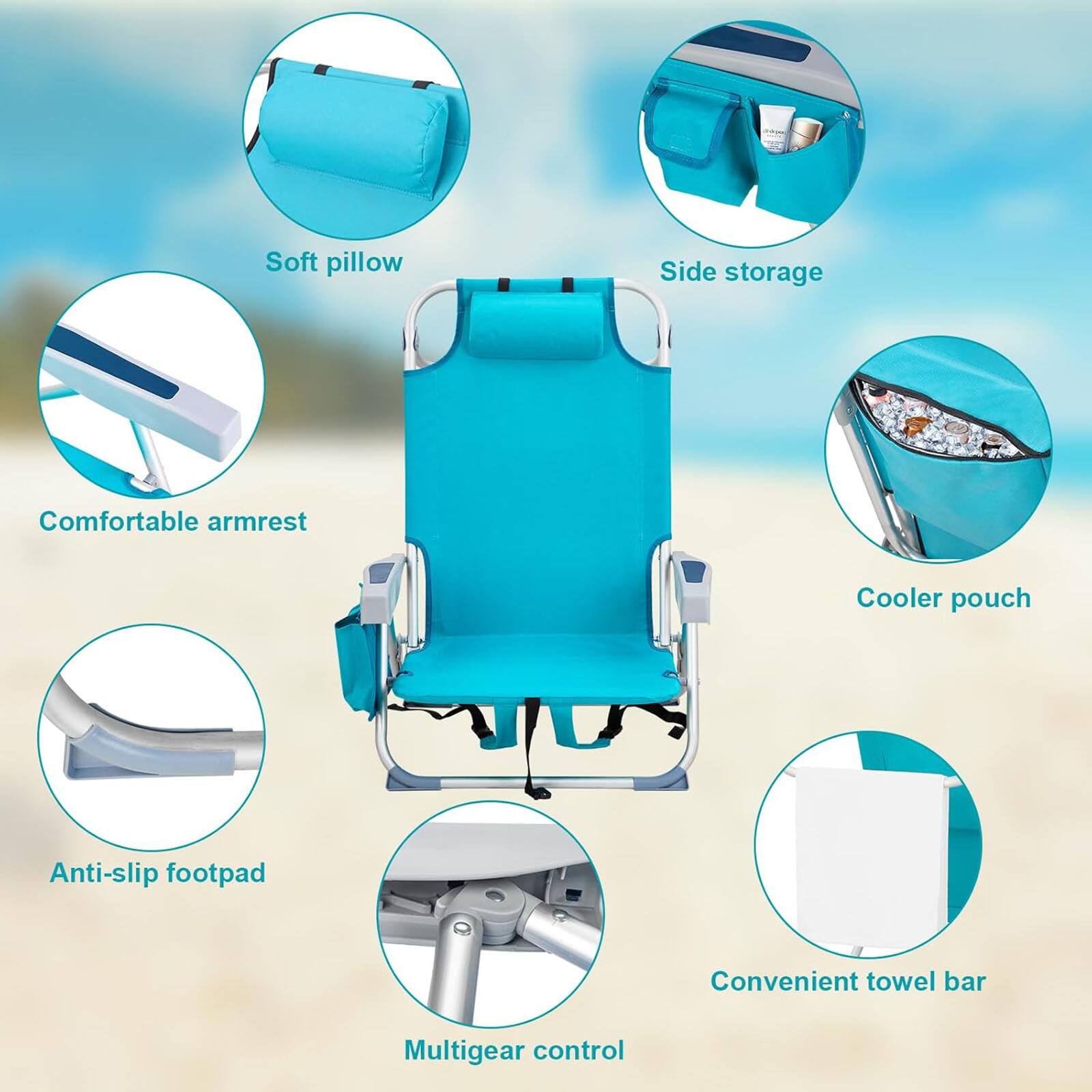Chateau Abodes Outdoor Backpack Beach Chair, 5 Position Reclining with ...
