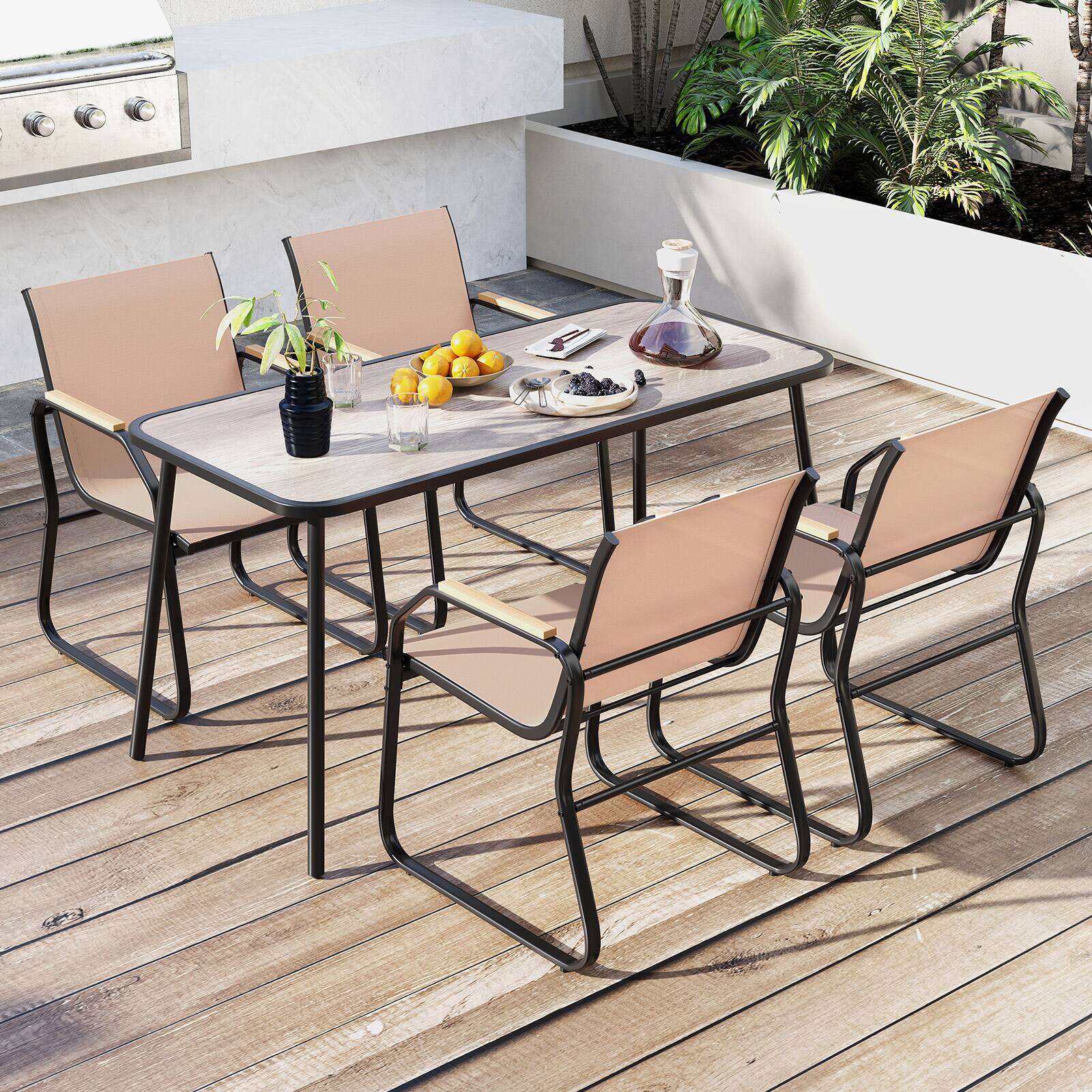Gymax 5 PCS Patio Dining Set w/ Wood like Armrests & Metal Frame for ...