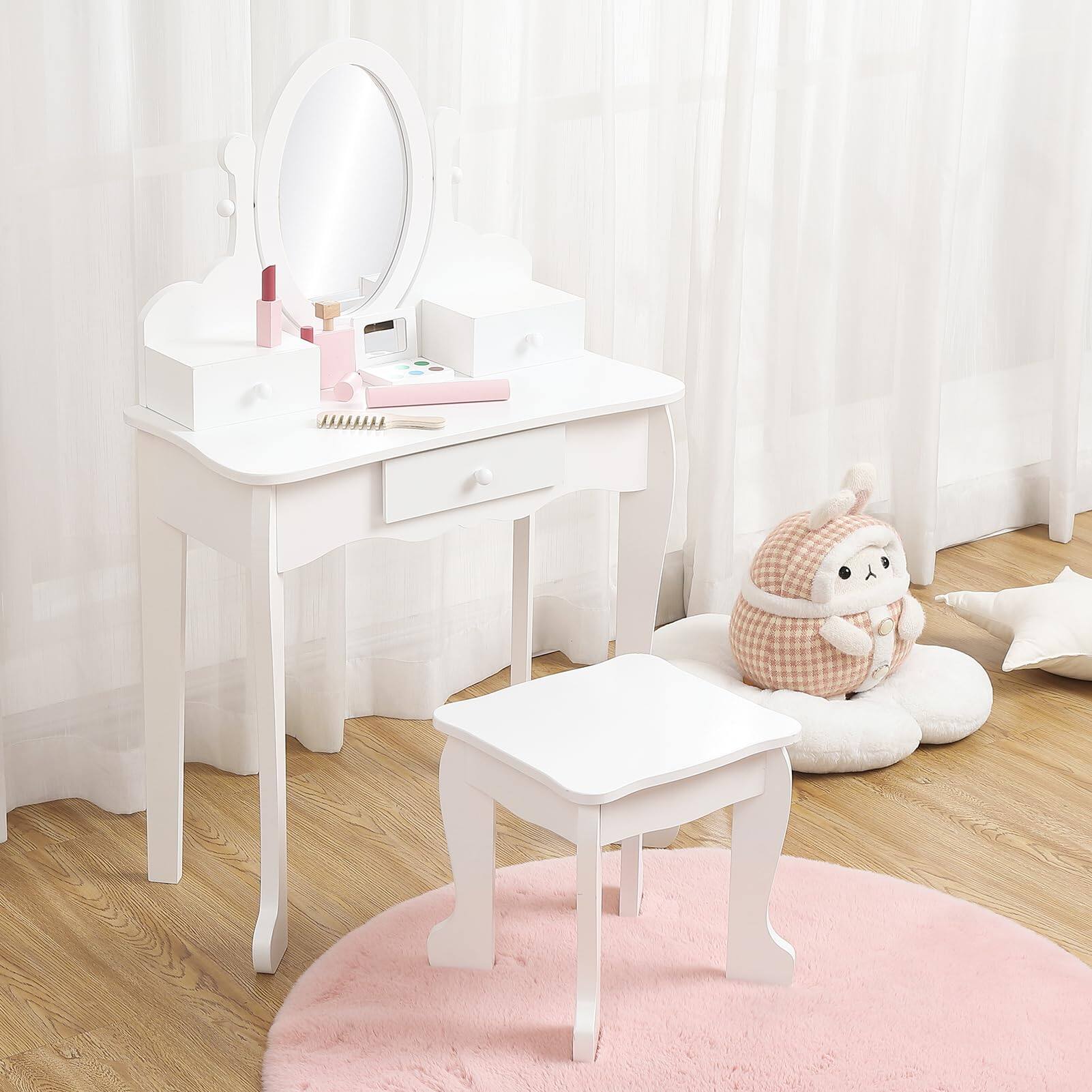 Jojoka Kids Vanity Set with Mirror & Stool, Wooden Makeup Table with ...