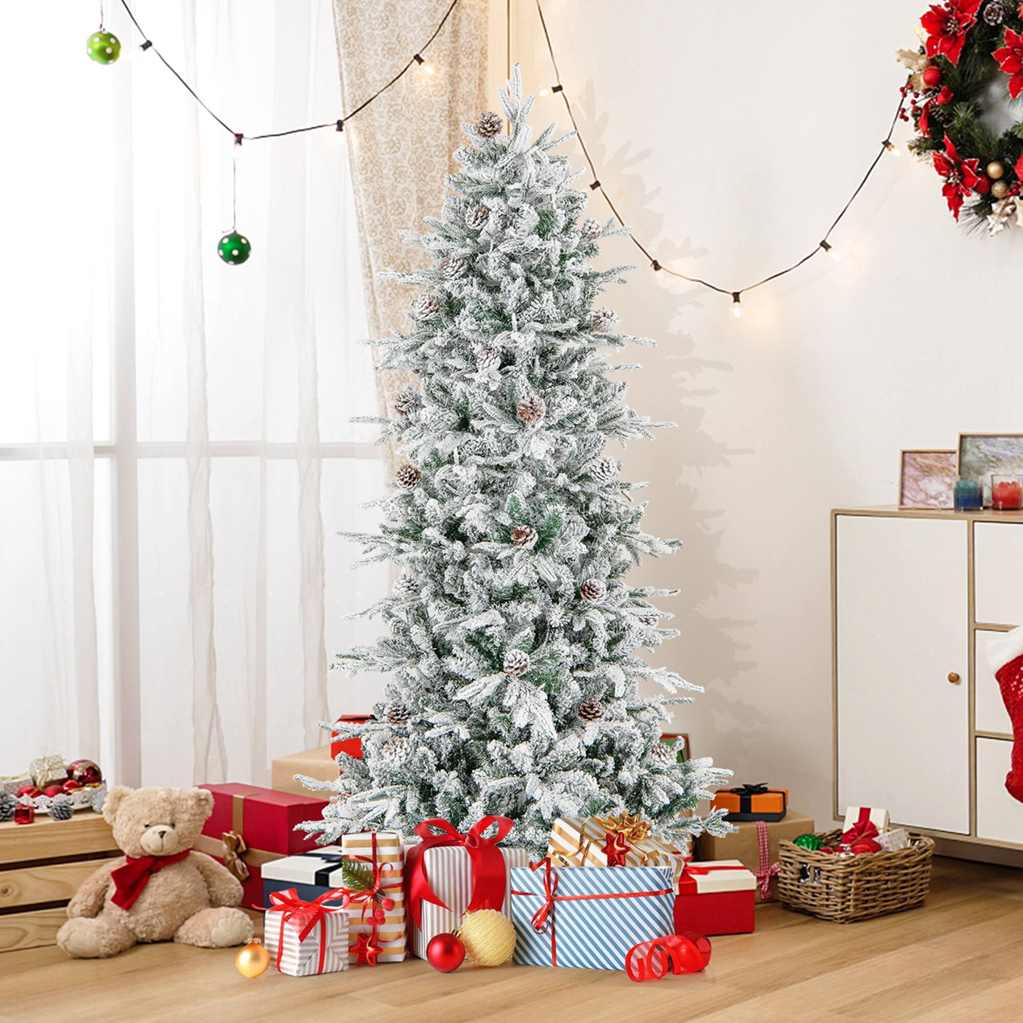 Costway 6 FT Pre Lit Christmas Tree Snow Flocked Hinged with 715 Branch ...